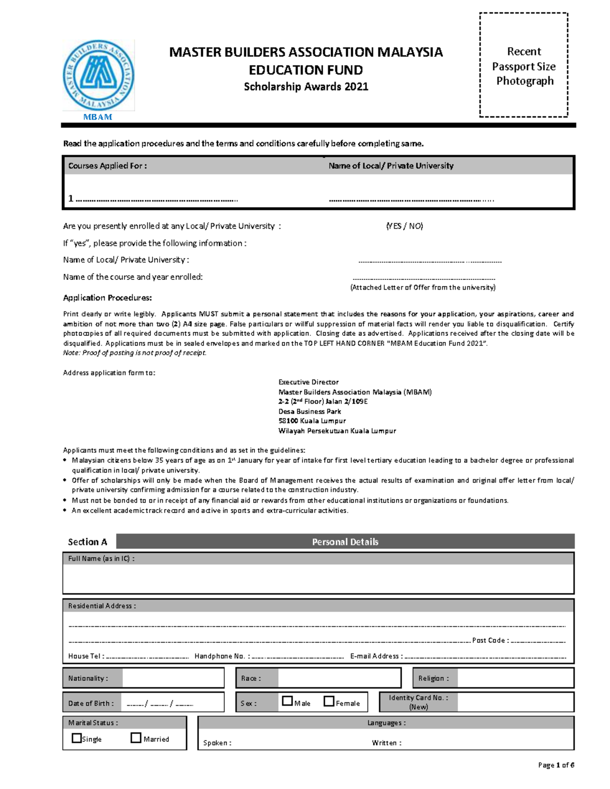 MBAM Scholarship Awards 2021 Application Form - MBAM Read the ...