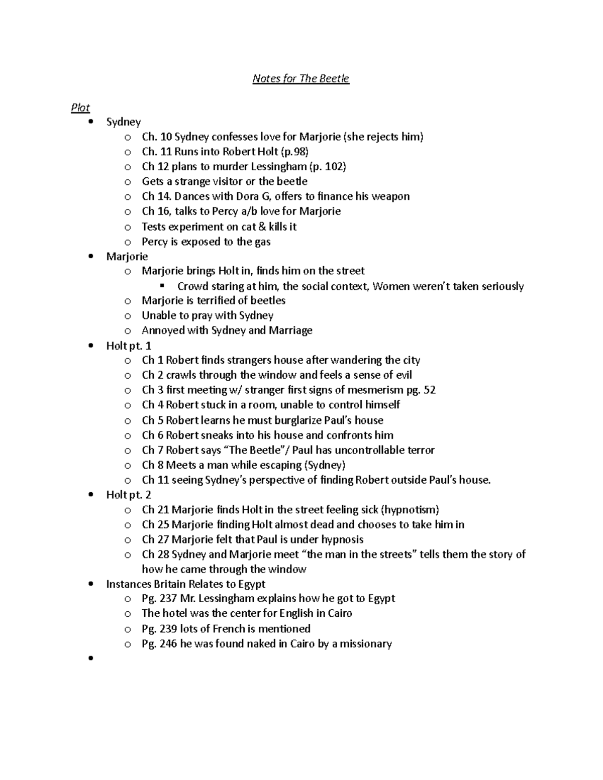 Notes for The Beetle - Notes for The Beetle Plot Sydney o Ch. 10 Sydney ...