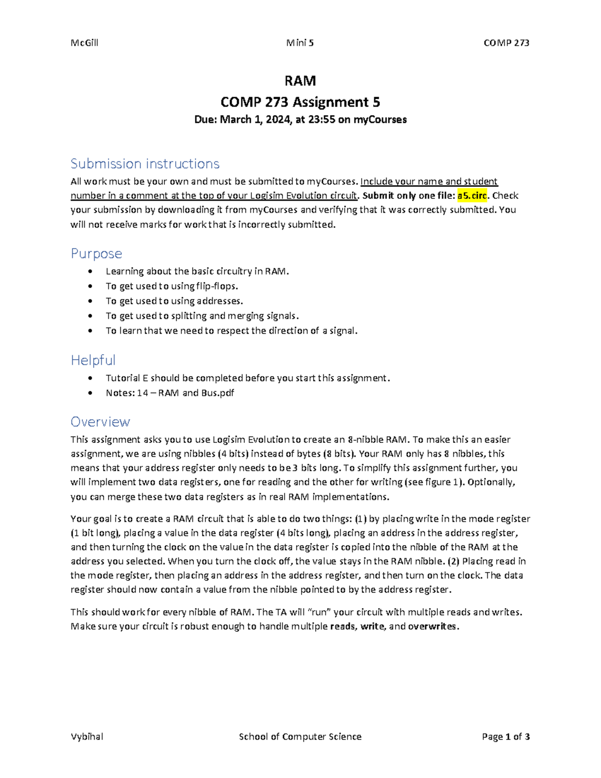 A5-Winter 2024 - Assignment 5 - McGill Mini 5 COMP 273 Vybihal School of Computer Science Page 1 ...