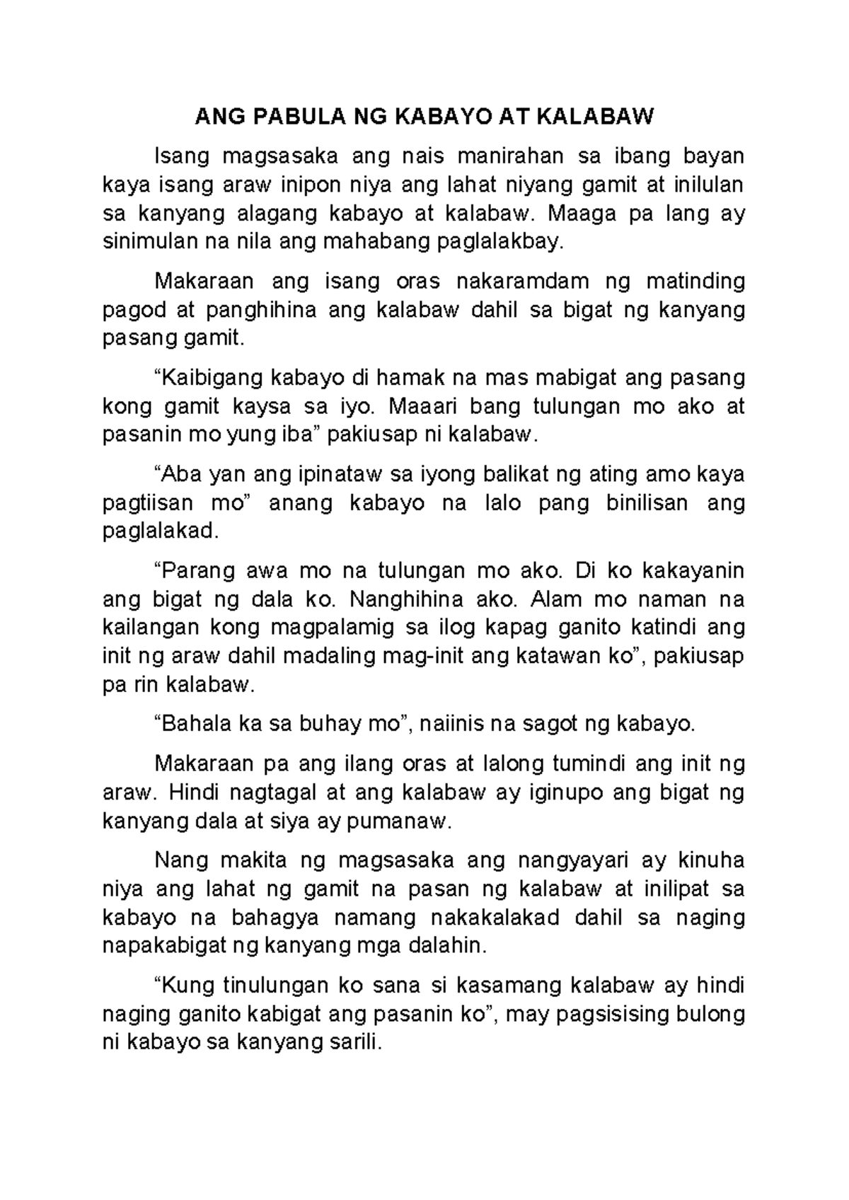 ANG PABULA NG KABAYO AT KALABAW - Maaga pa lang ay sinimulan na nila ...