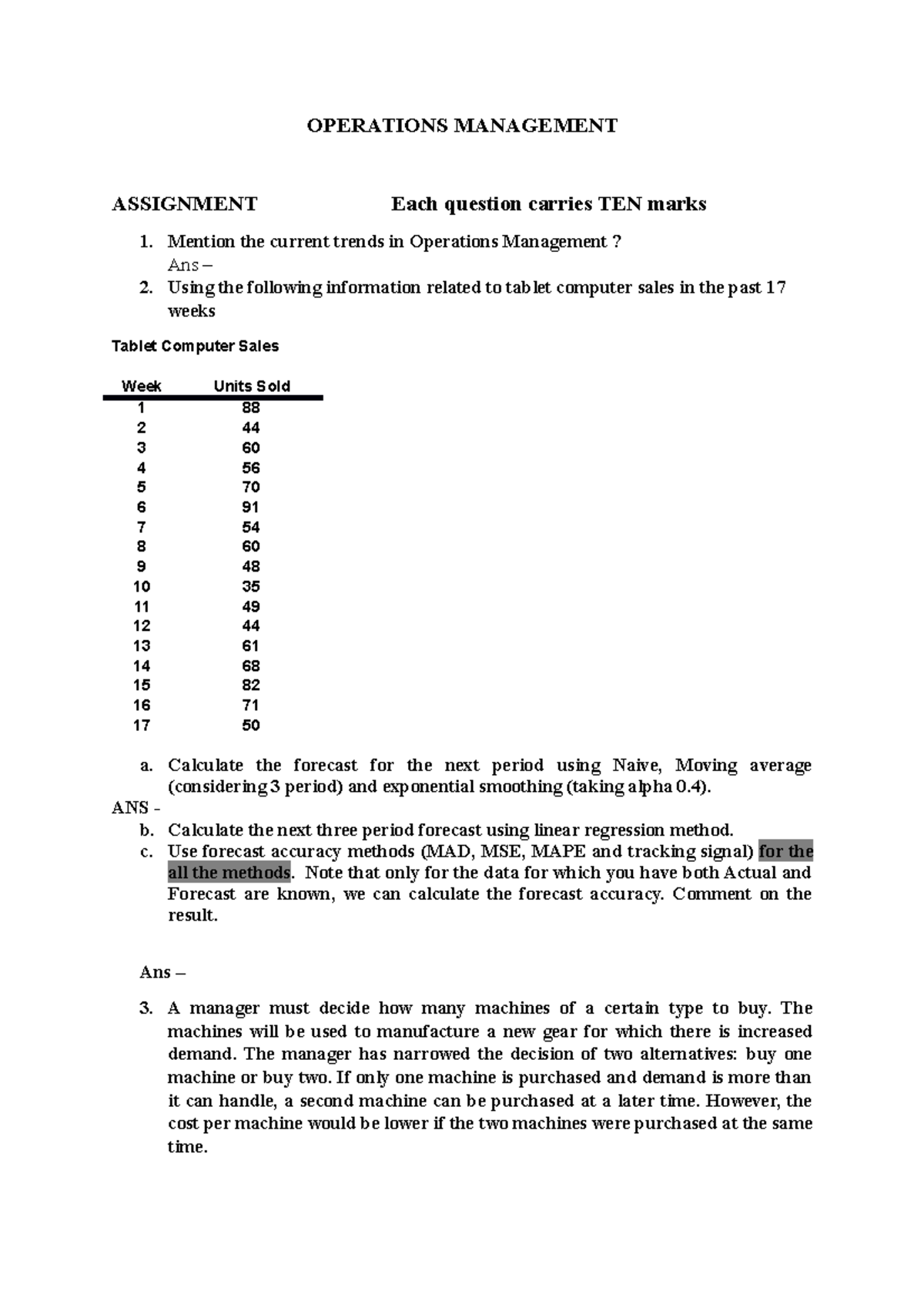 LAB Assignment - qes - Questions on operations management - OPERATIONS ...