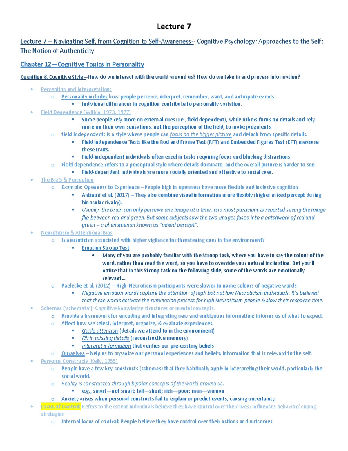 Module 7- PSYC 305 - Lecture 7 Lecture 7 - Navigating Self, from ...