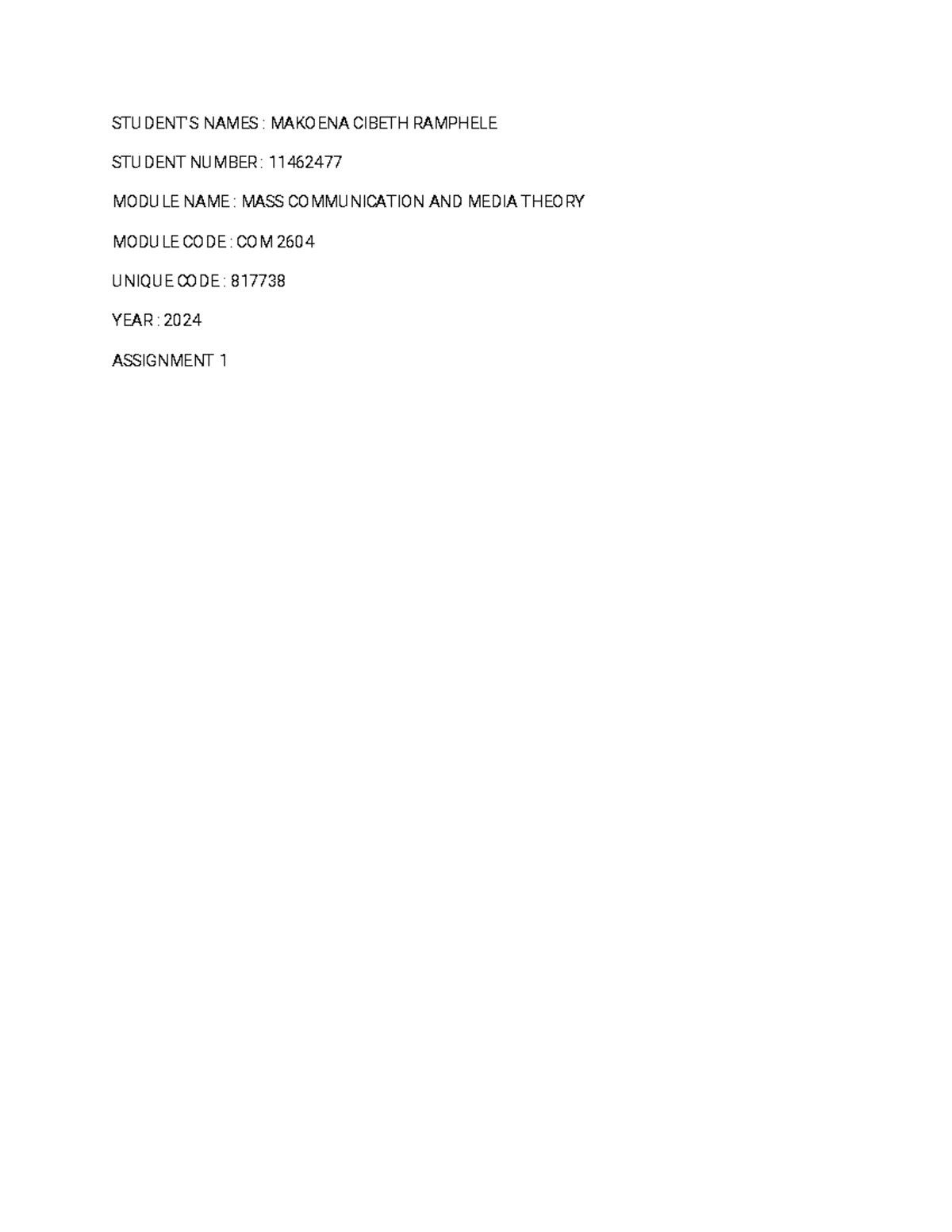 Com2604 assignment 1 - STUDENT'SNAMES:MAKOENACIBETHRAMPHELE ...