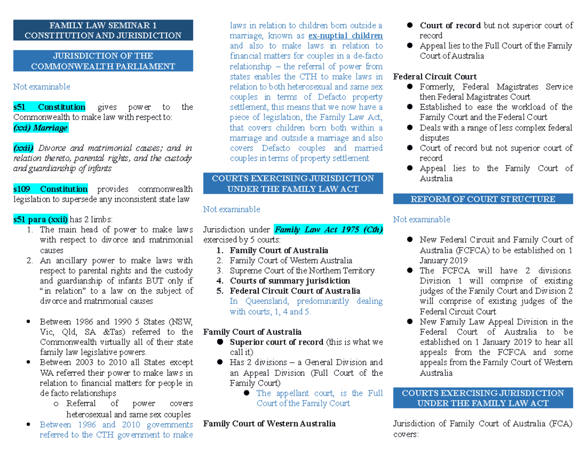 Family Law Lecture Notes Bond University - FAMILY LAW SEMINAR 1 ...