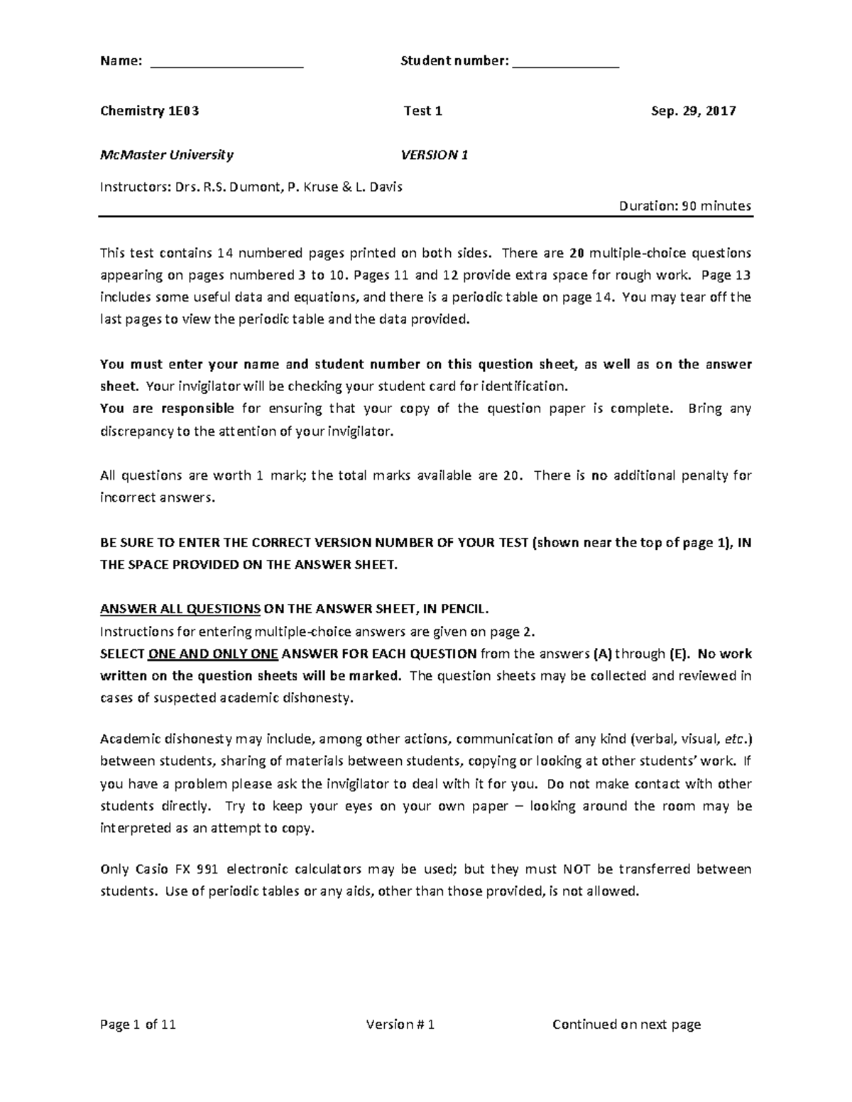 Test 1 2017 Solns Example Chemistry 1e03 Test 1 Sep 29 2017 Mcmaster University Version 1