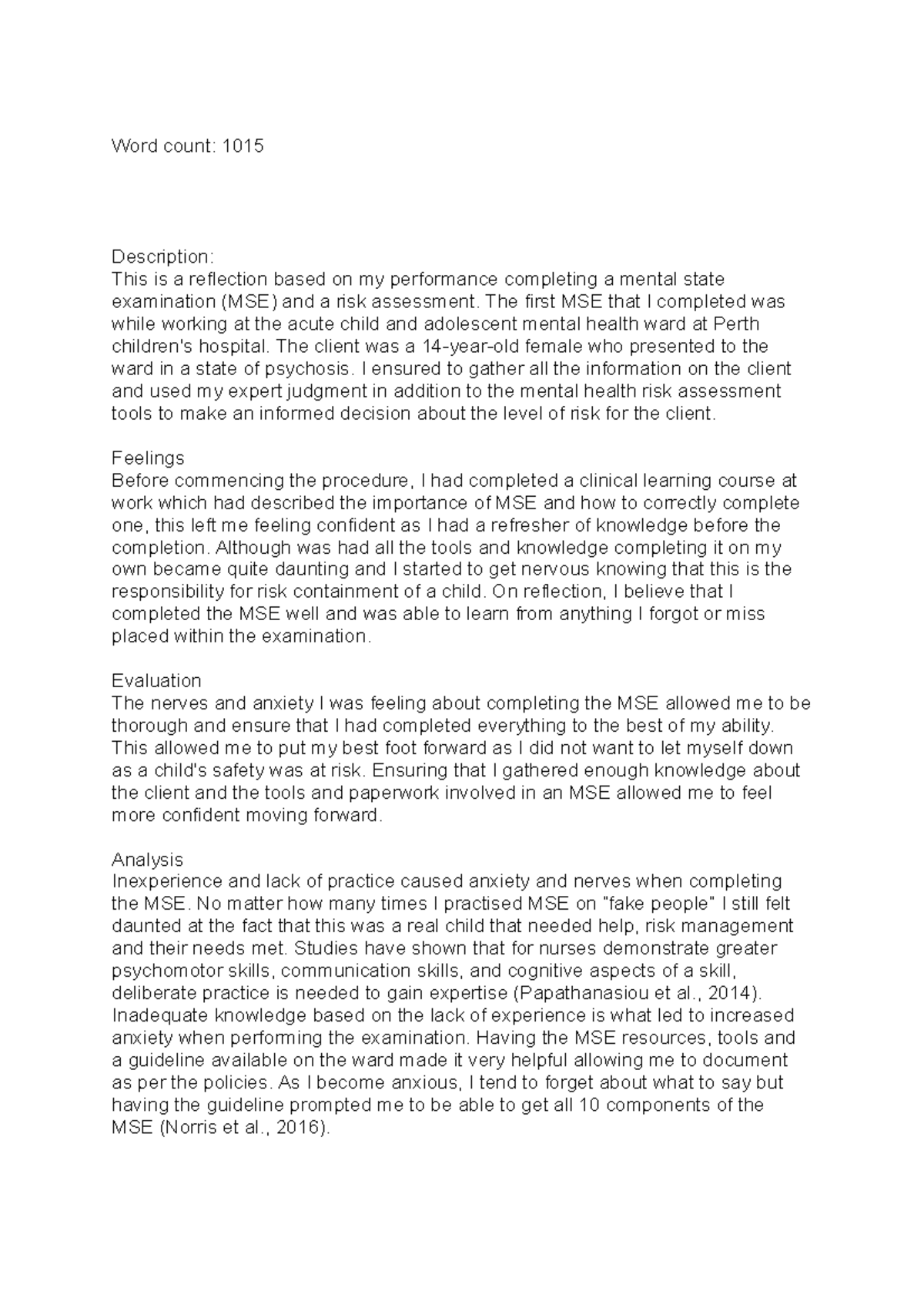 Reflective practice essay - draft - Word count: 1015 Description: This ...