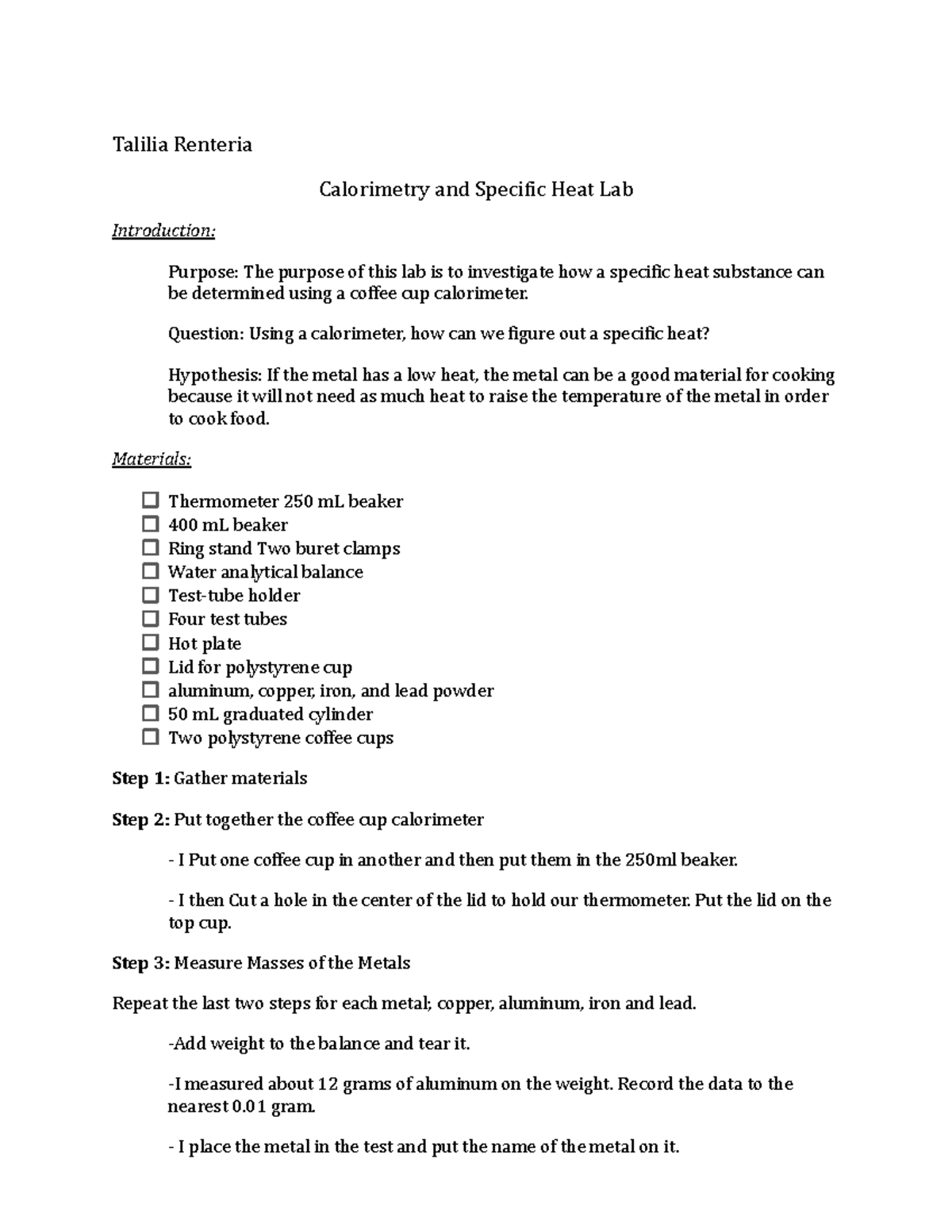 Calorimetry and Specific Heat Lab - Talilia Renteria Calorimetry and ...