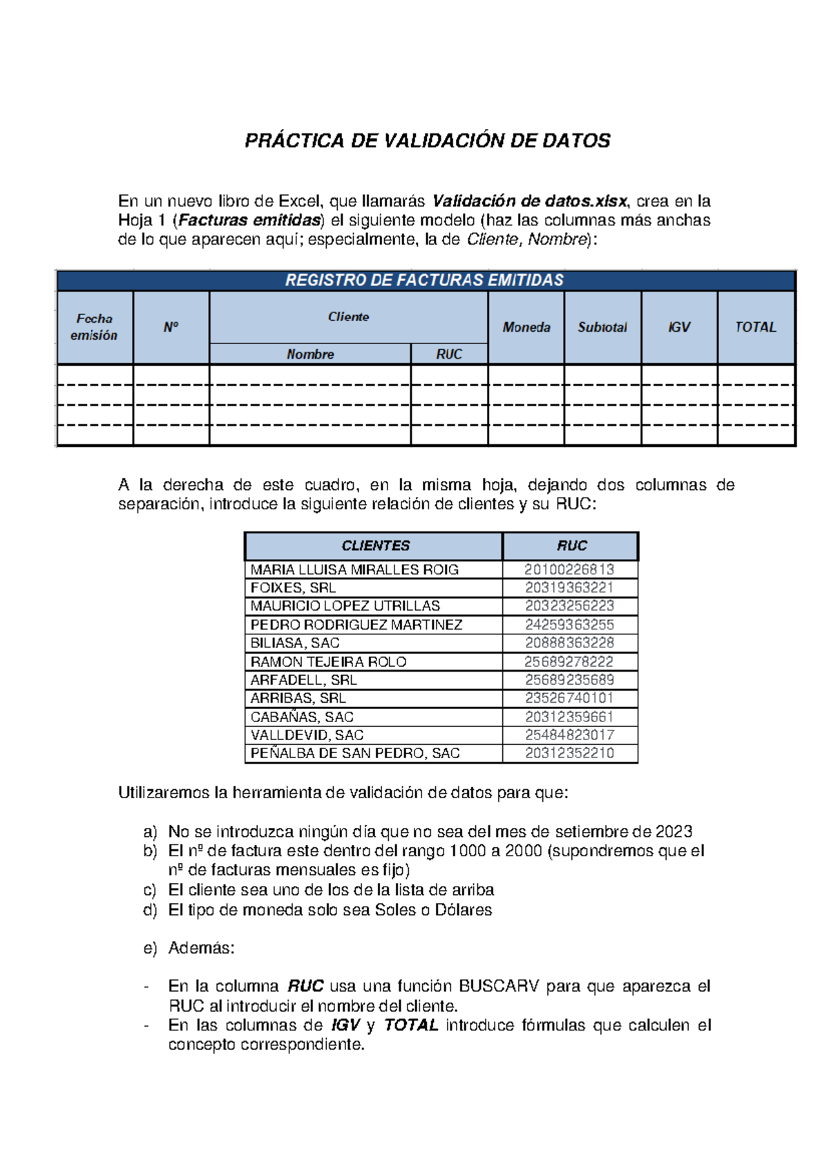 Semana 13- Ejercicios Propuestos 5 - PRÁCTICA DE VALIDACIÓN DE DATOS En un nuevo libro de Excel ...