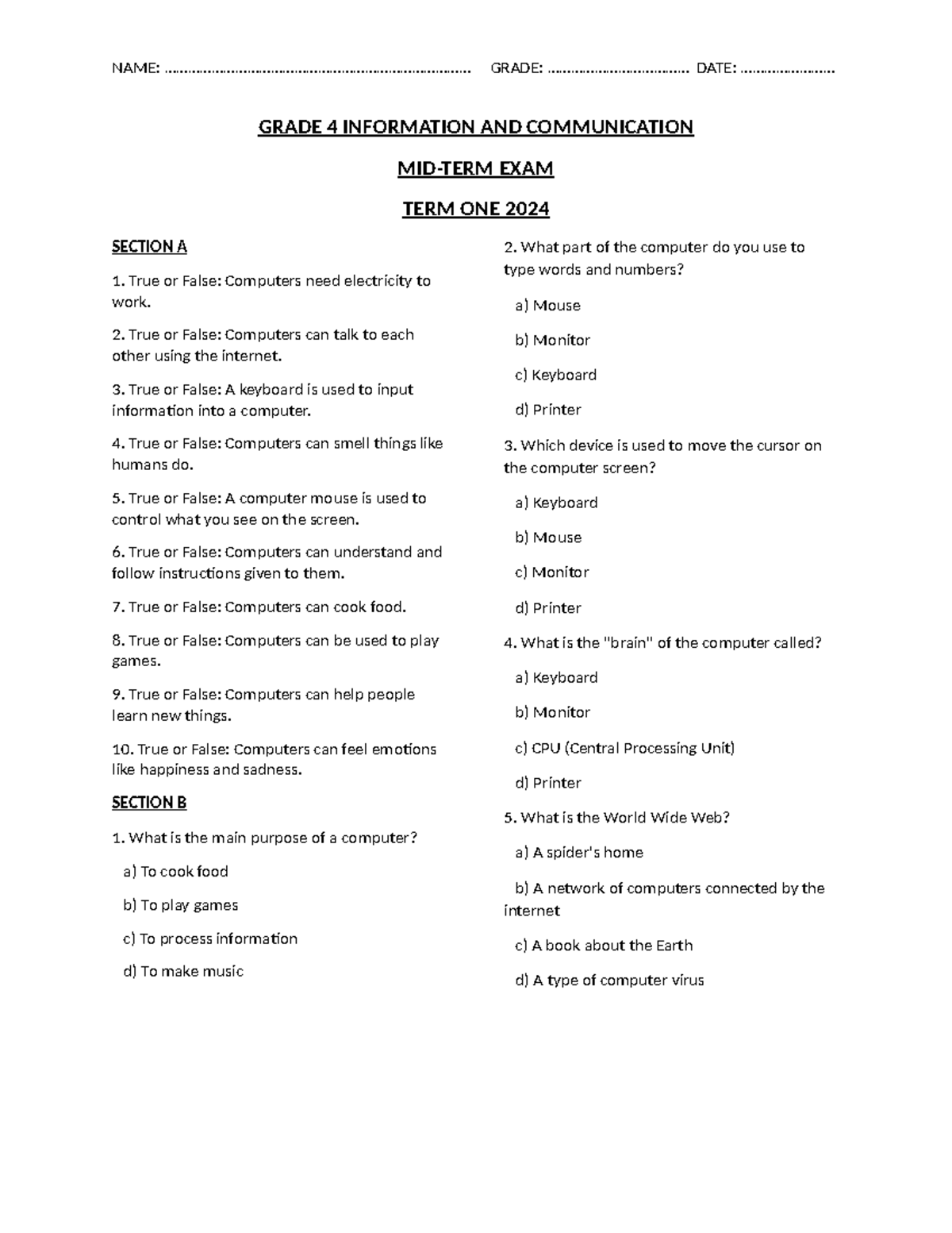 Grade 4 Information AND Communication - NAME: - Studocu