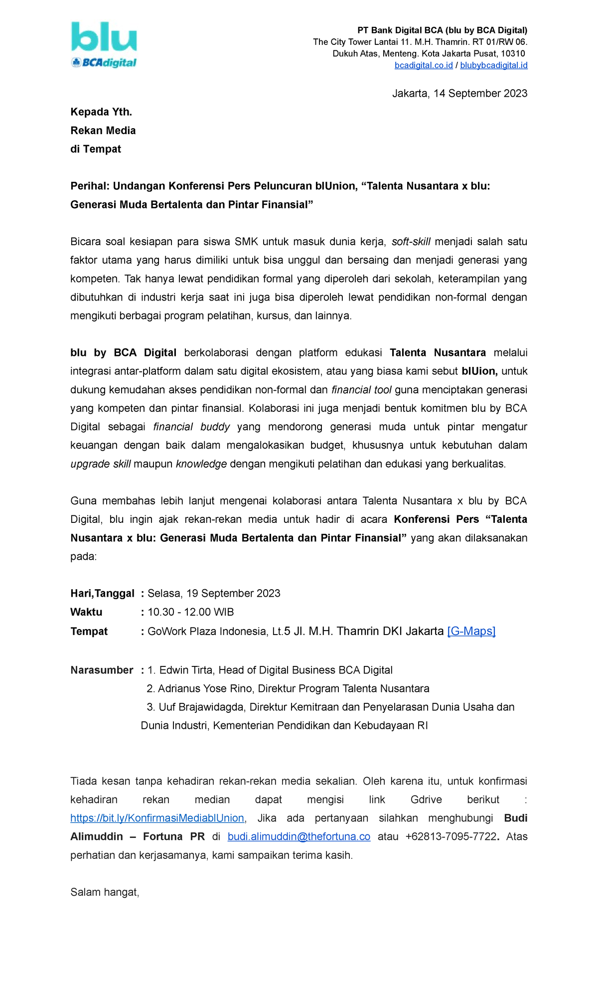 [Undangan Media] Konferensi Pers bl Union Talenta Nusantara x blu by ...