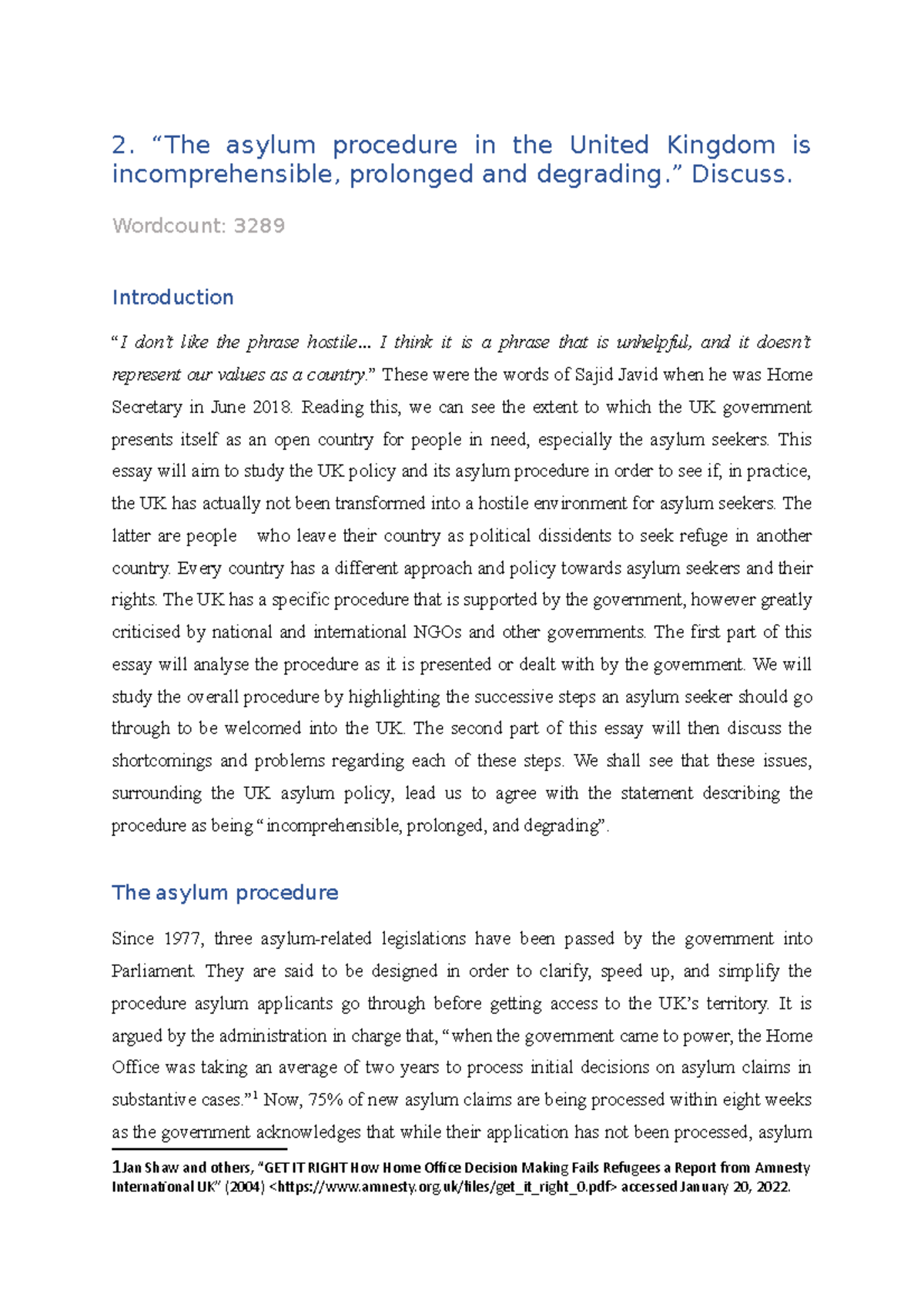 Asylum Coursework Final - 2. “The asylum procedure in the United ...