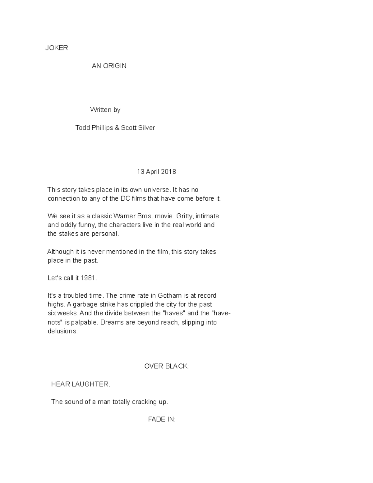 Script - JOKER AN ORIGIN Written by Todd Phillips & Scott Silver 13 ...
