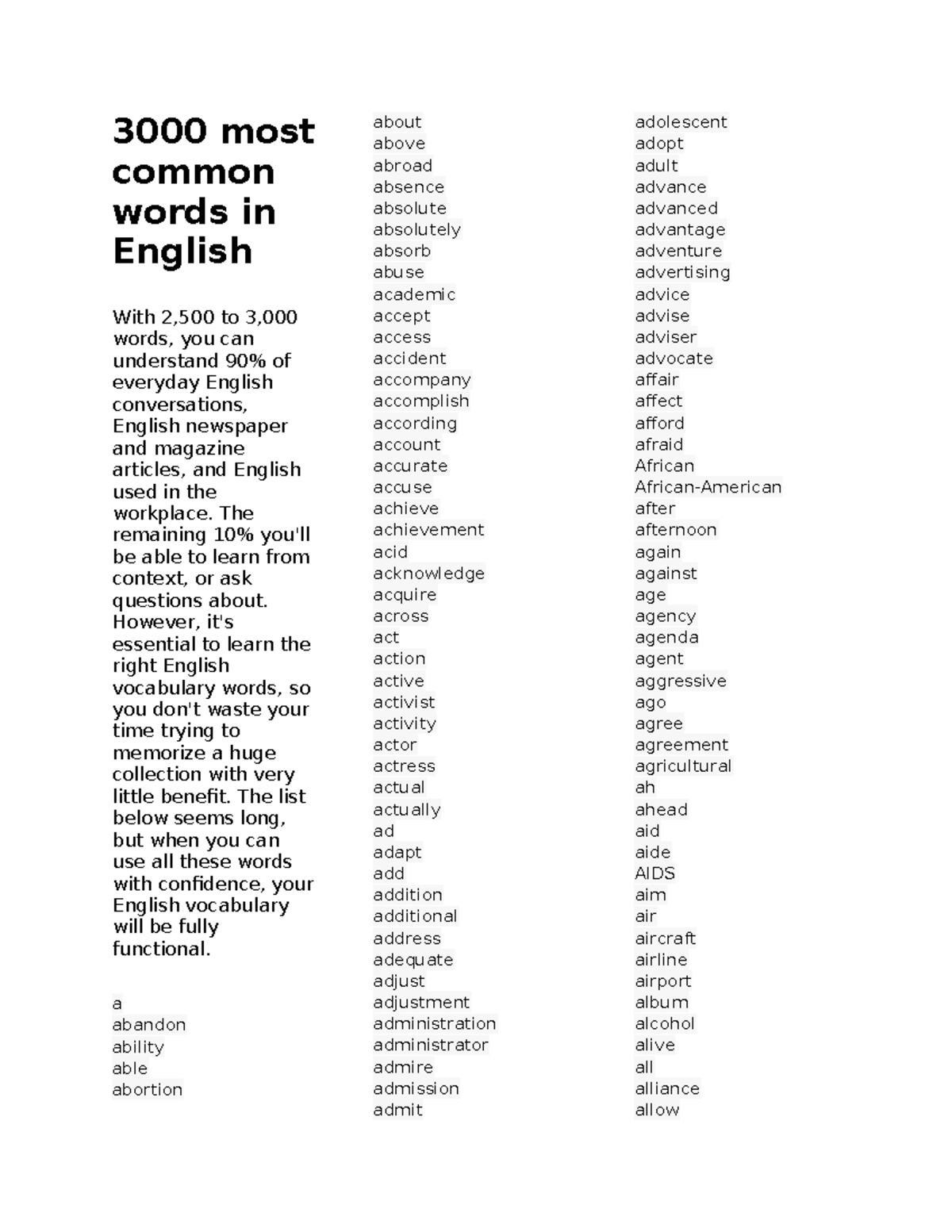 3000 most common words - palabras en ingles - 3000 most common words in ...