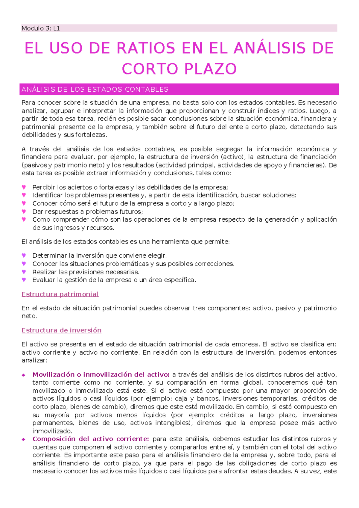 Contabilidad. M3YM4- Parcial 2 - Modulo 3: L EL USO DE RATIOS EN EL ANÁLISIS DE CORTO PLAZO ...