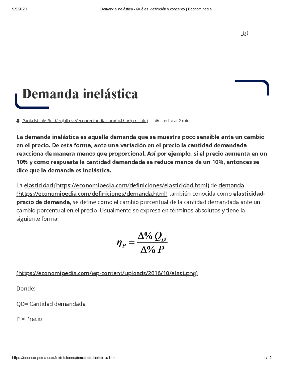 Demanda inelástica - Qué es, definición y concepto Economipedia - Paula ...