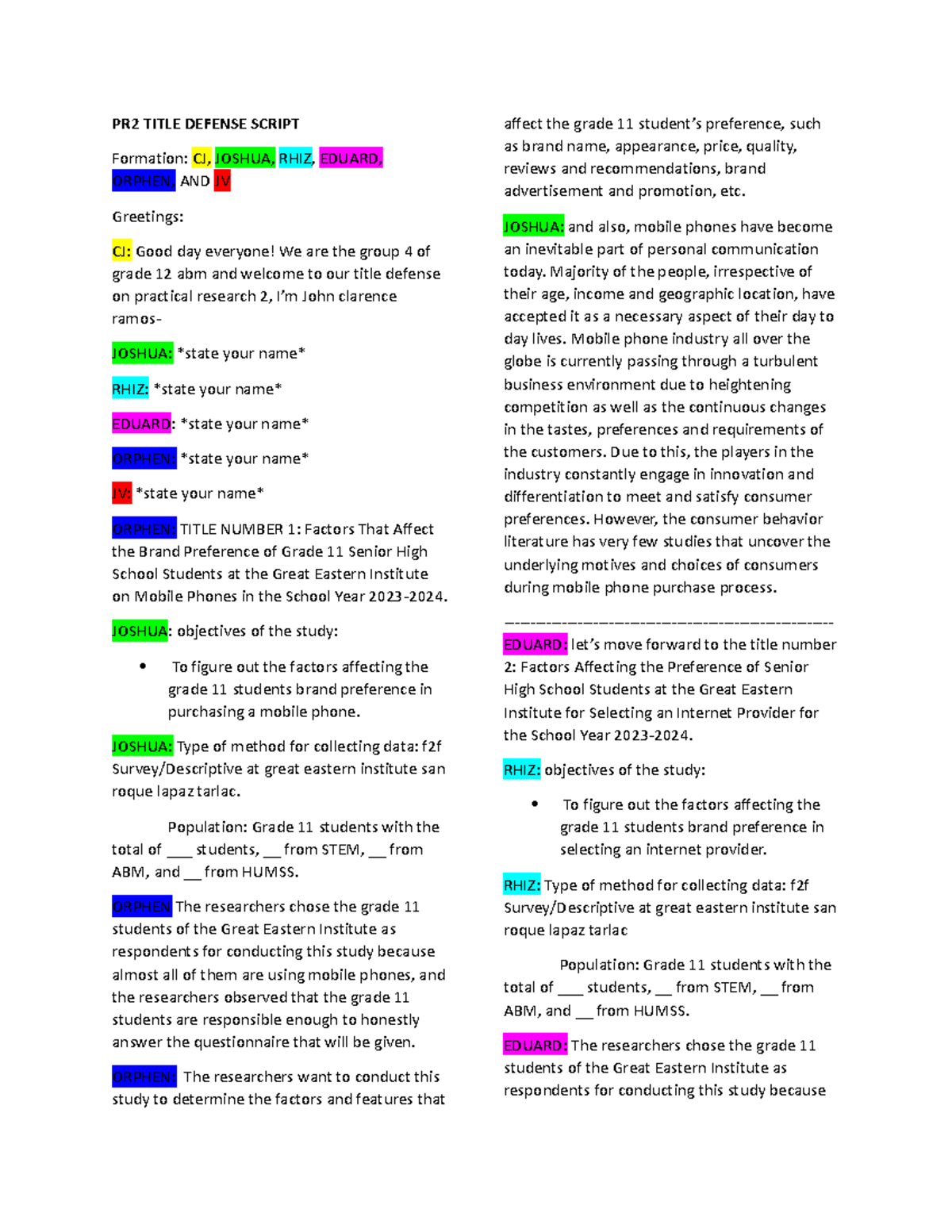 PR2- Title- Defense- Script - PR2 TITLE DEFENSE SCRIPT Formation: CJ ...