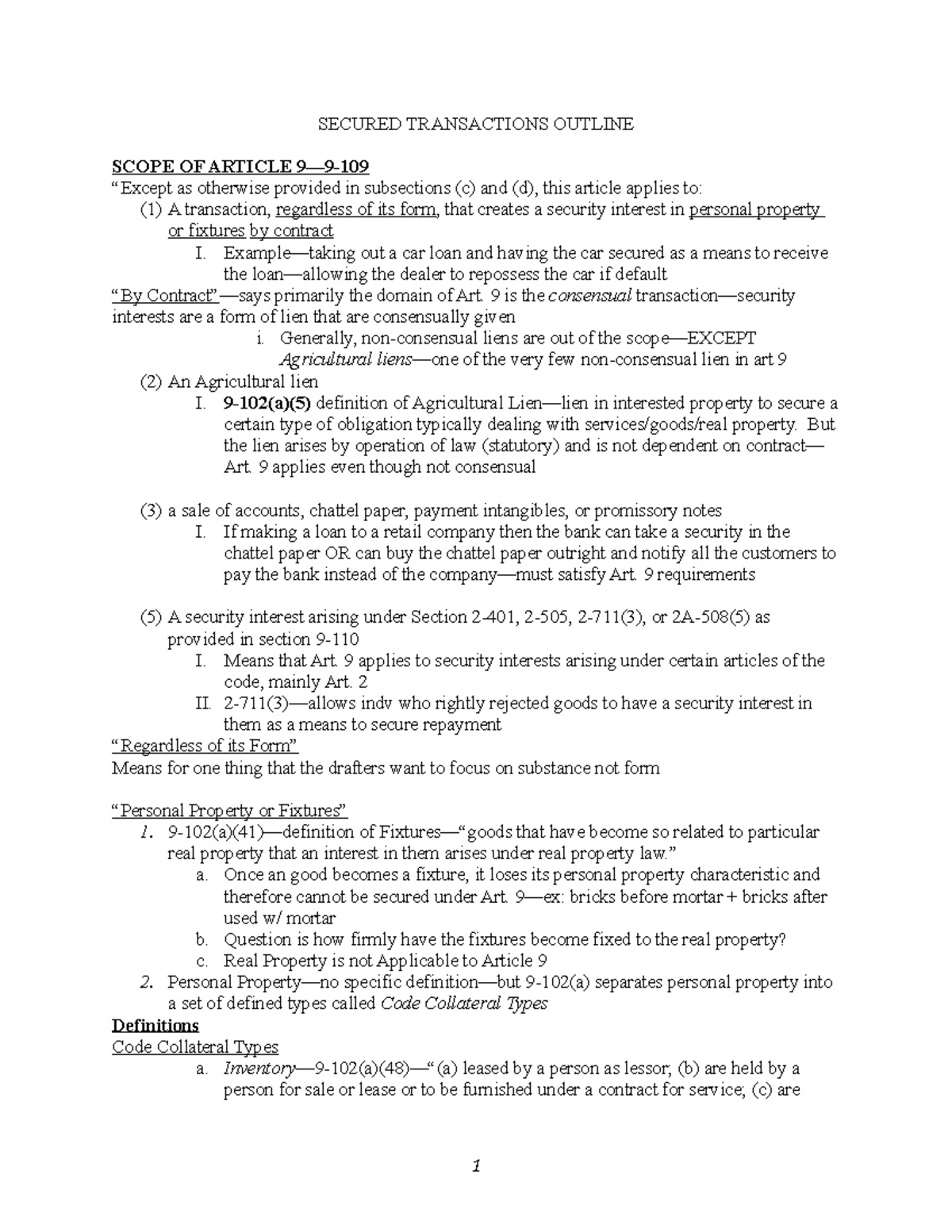 Secured Transactions Outline - SECURED TRANSACTIONS OUTLINE SCOPE OF ...