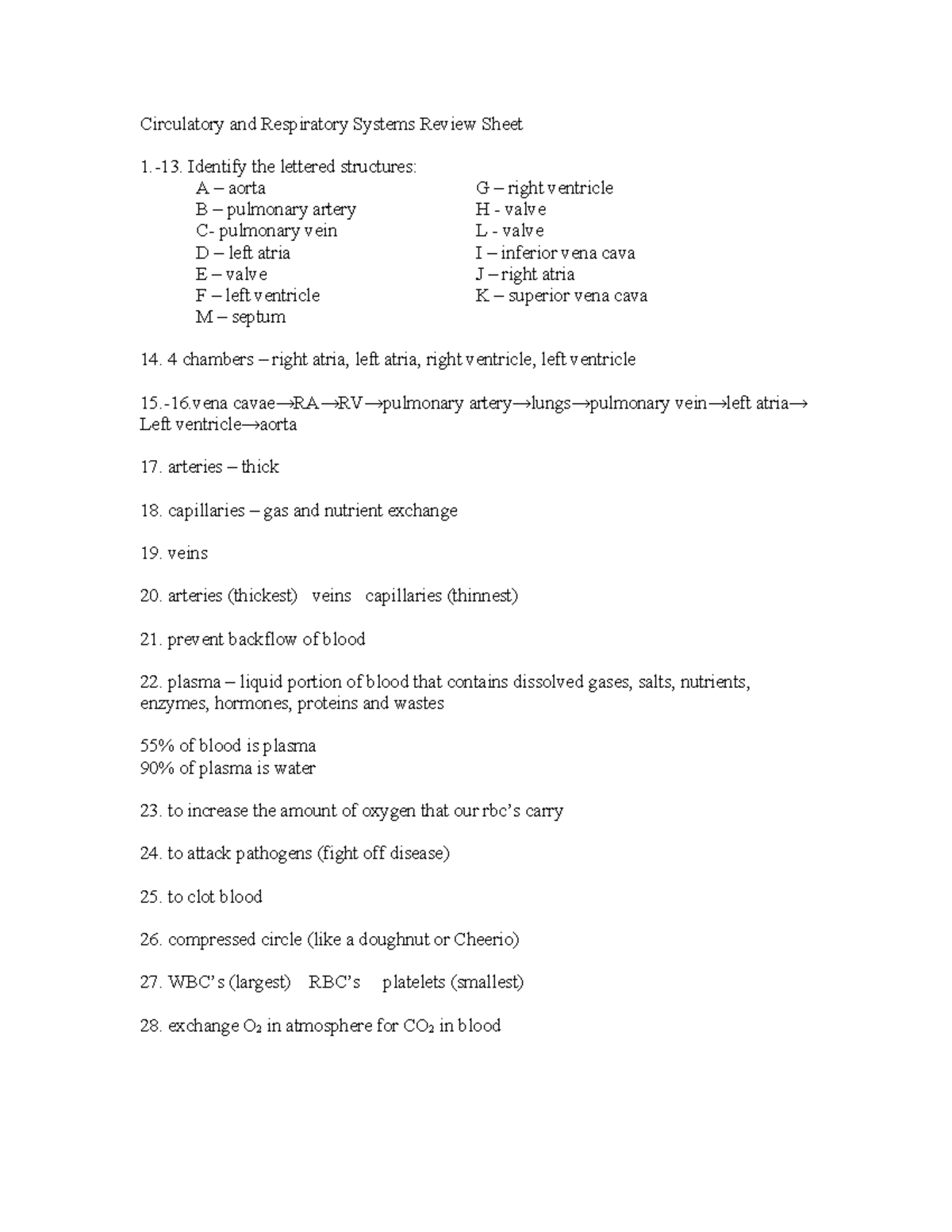 Circulatory and Respiratory Systems Review Sheet with answers ...
