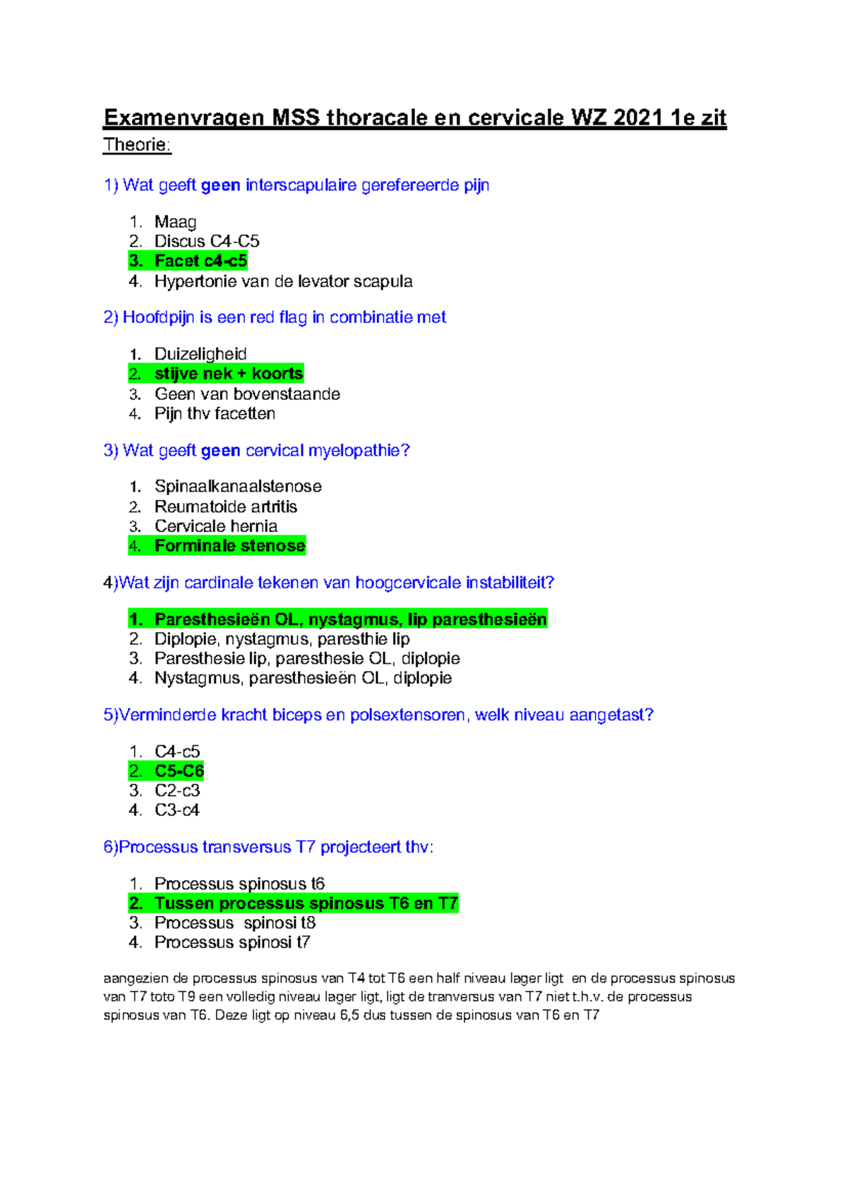 Examenvragen MSS thoracale en cervicale WZ 2021 1e zit - h. de ...