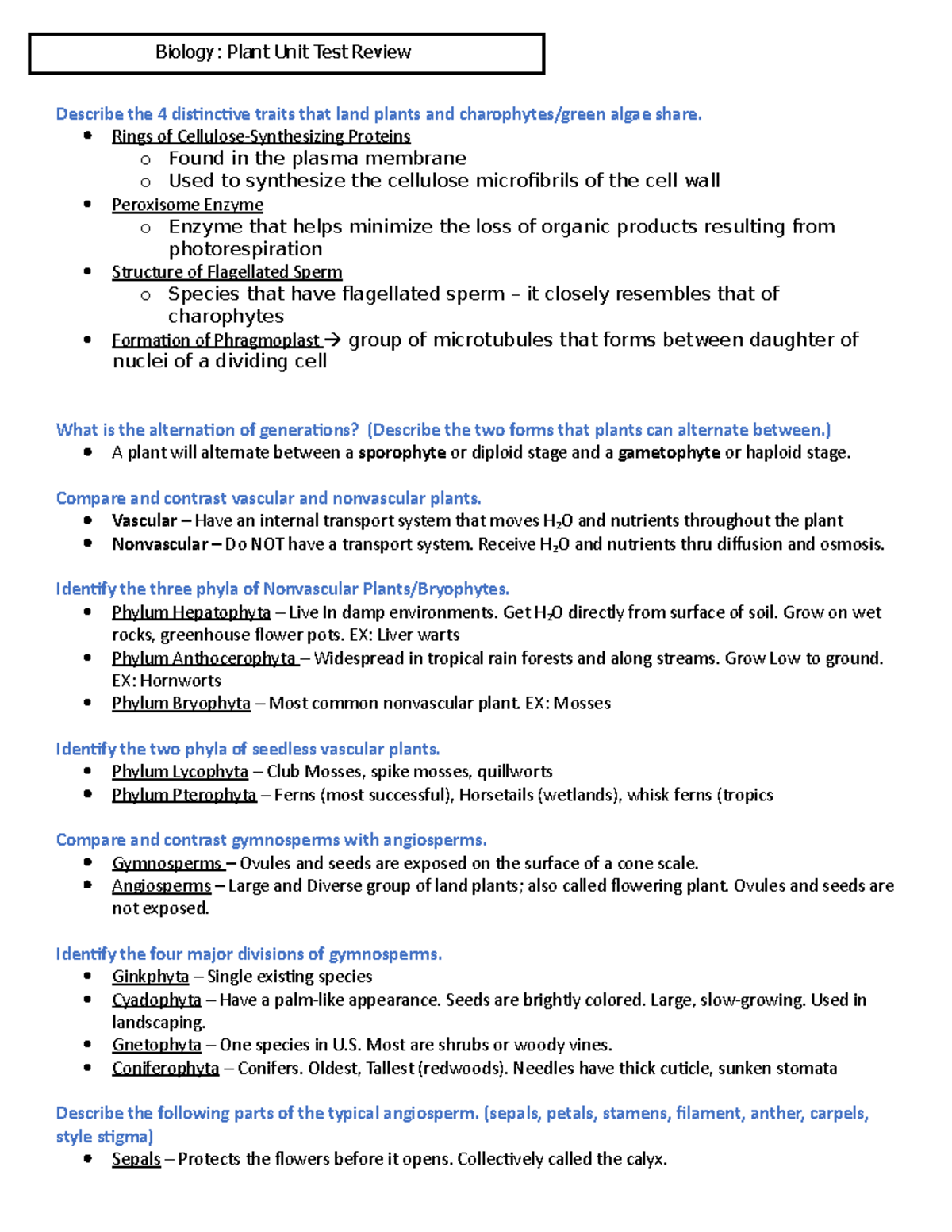 Biology Review Plants - Describe the 4 distinctive traits that land ...