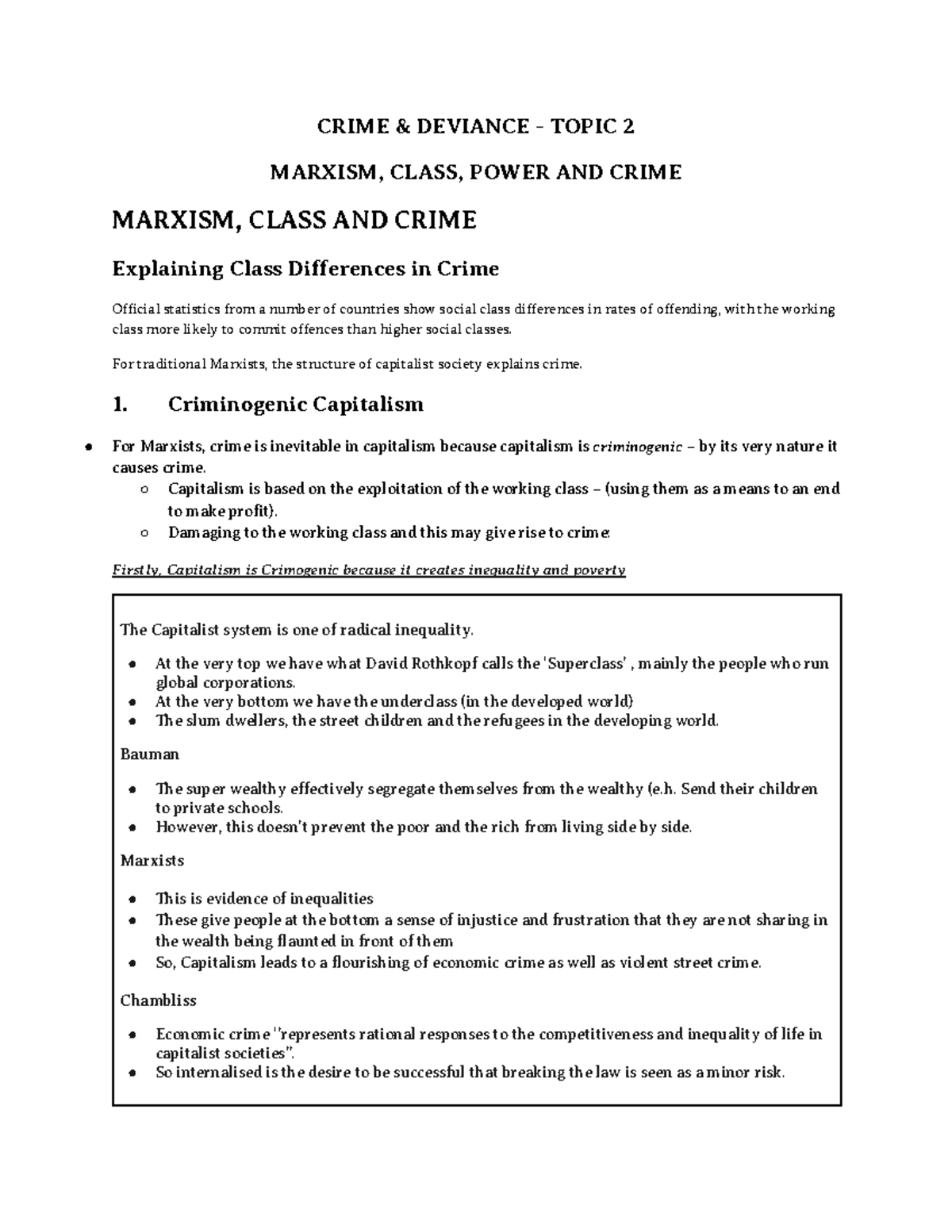 Crime & Deviance - Topic 2 - CRIME & DEVIANCE - TOPIC 2 MARXISM, CLASS ...