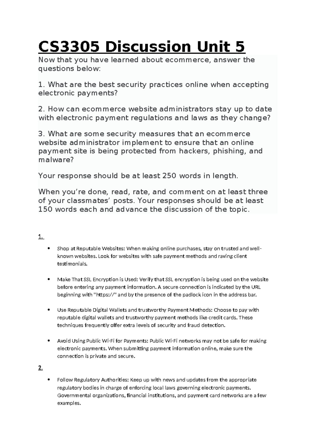CS3305 Discussion Unit 5 - What are the best security practices online when accepting electronic ...