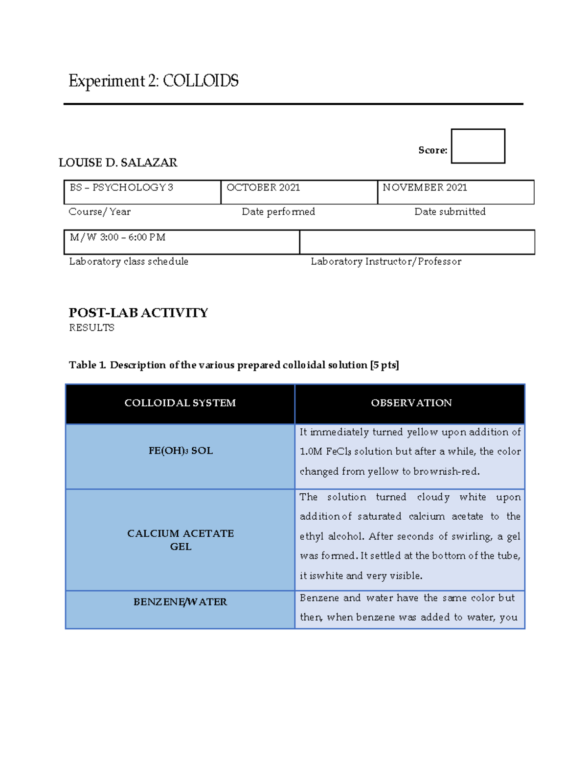 Chem 2221 Colloids Post-Lab Activity (Group) - Experiment 2: COLLOIDS ...
