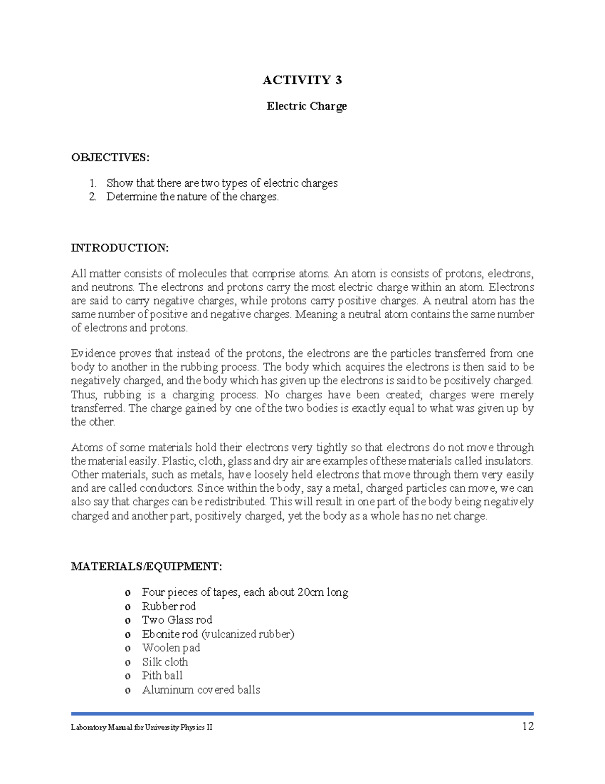 Activity-3 PHY42 - ACTIVITY 3 3 Charge OBJECTIVES: Show that there are ...