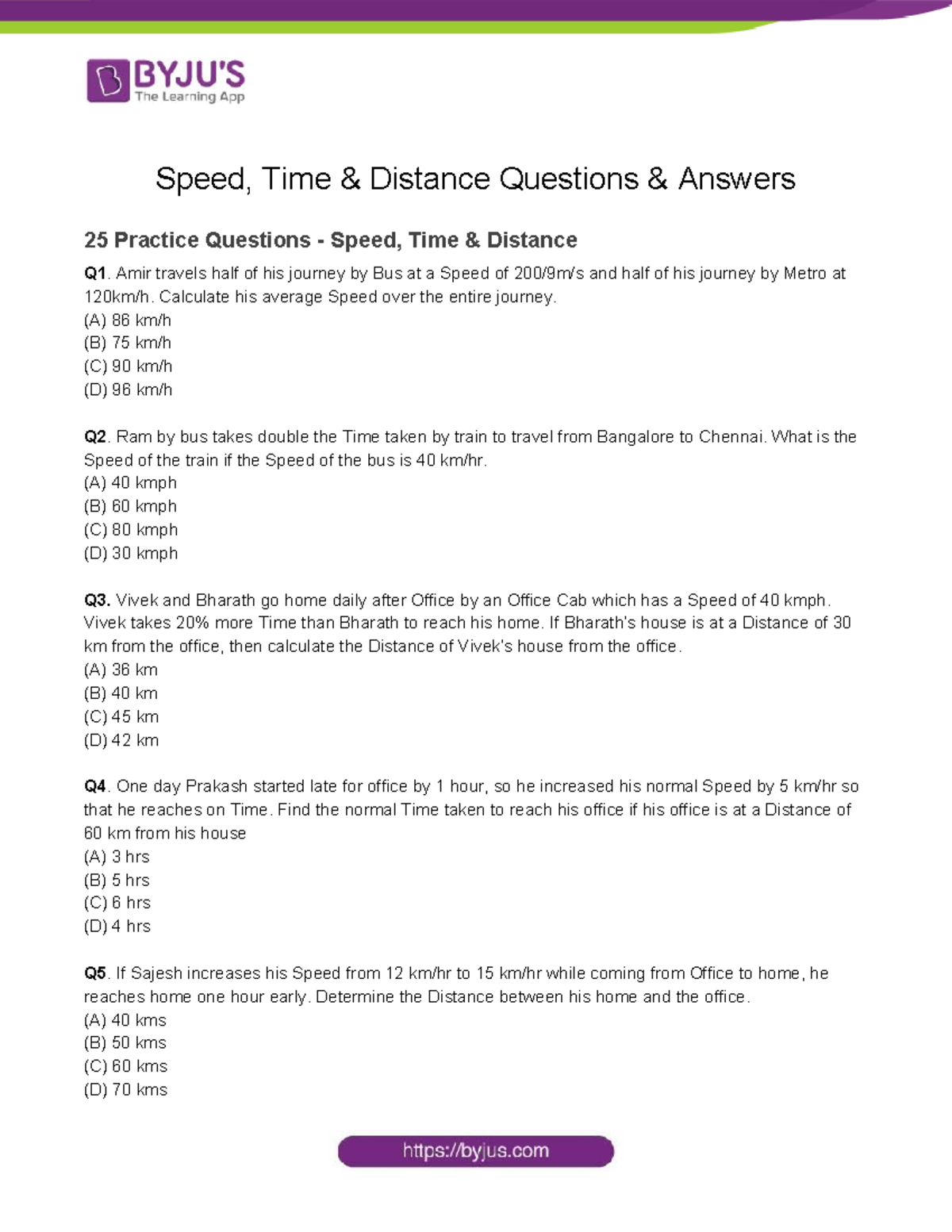 Speed Time Distance Questions Answers - Speed, Time & Distance ...
