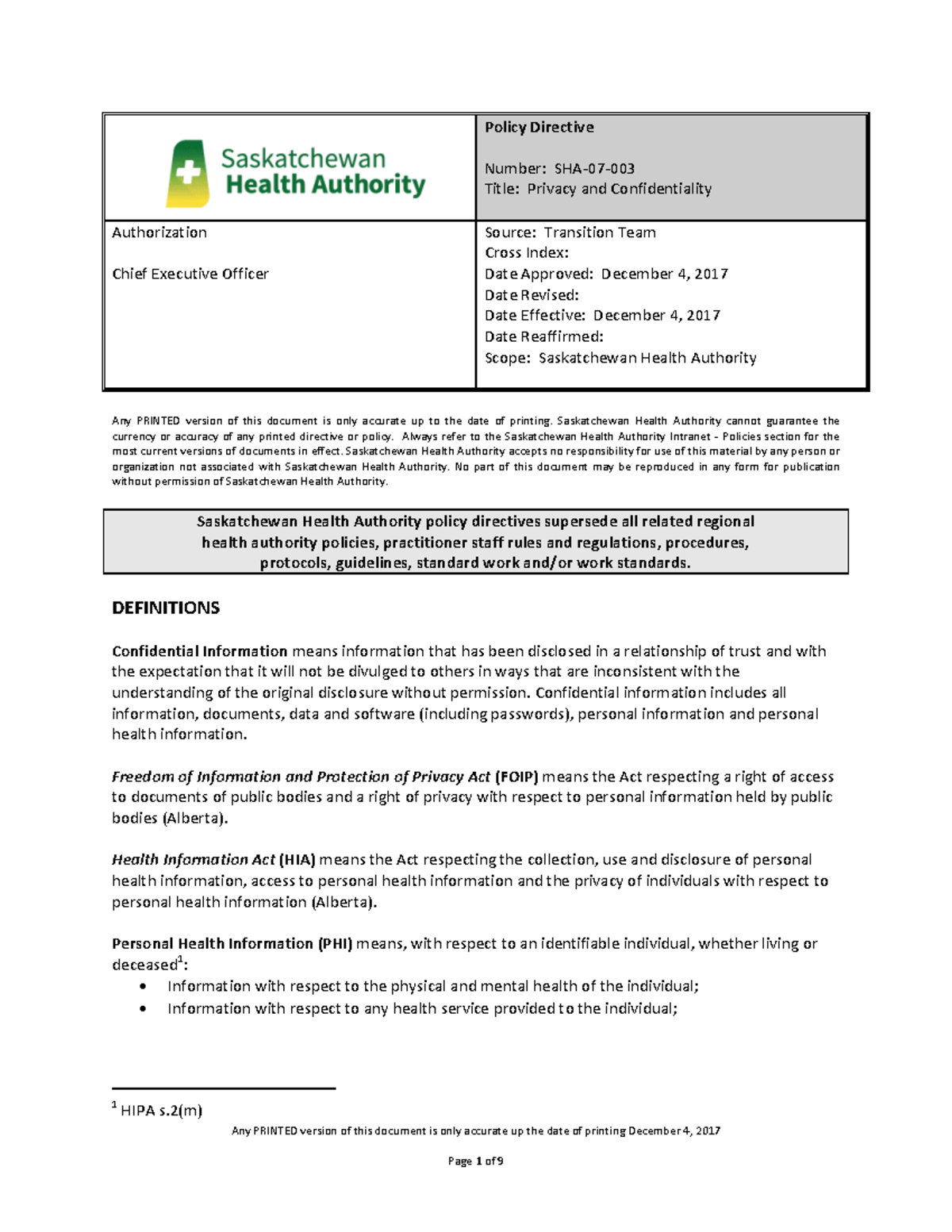 SHA Confidentiality Form - Policy Directive Number: SHA-07- Title ...