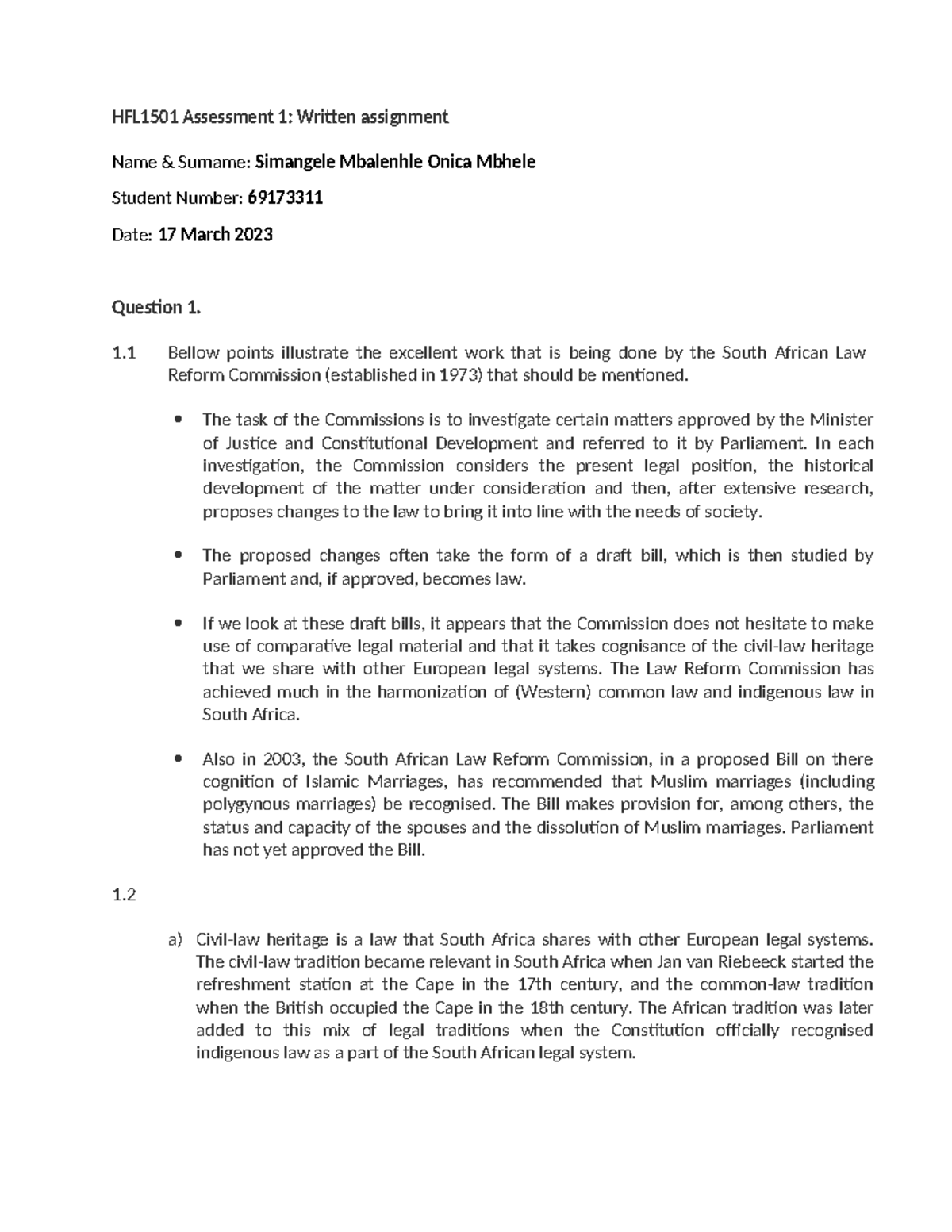 HFL1501 Assessment 1 - 1 Bellow points illustrate the excellent work ...