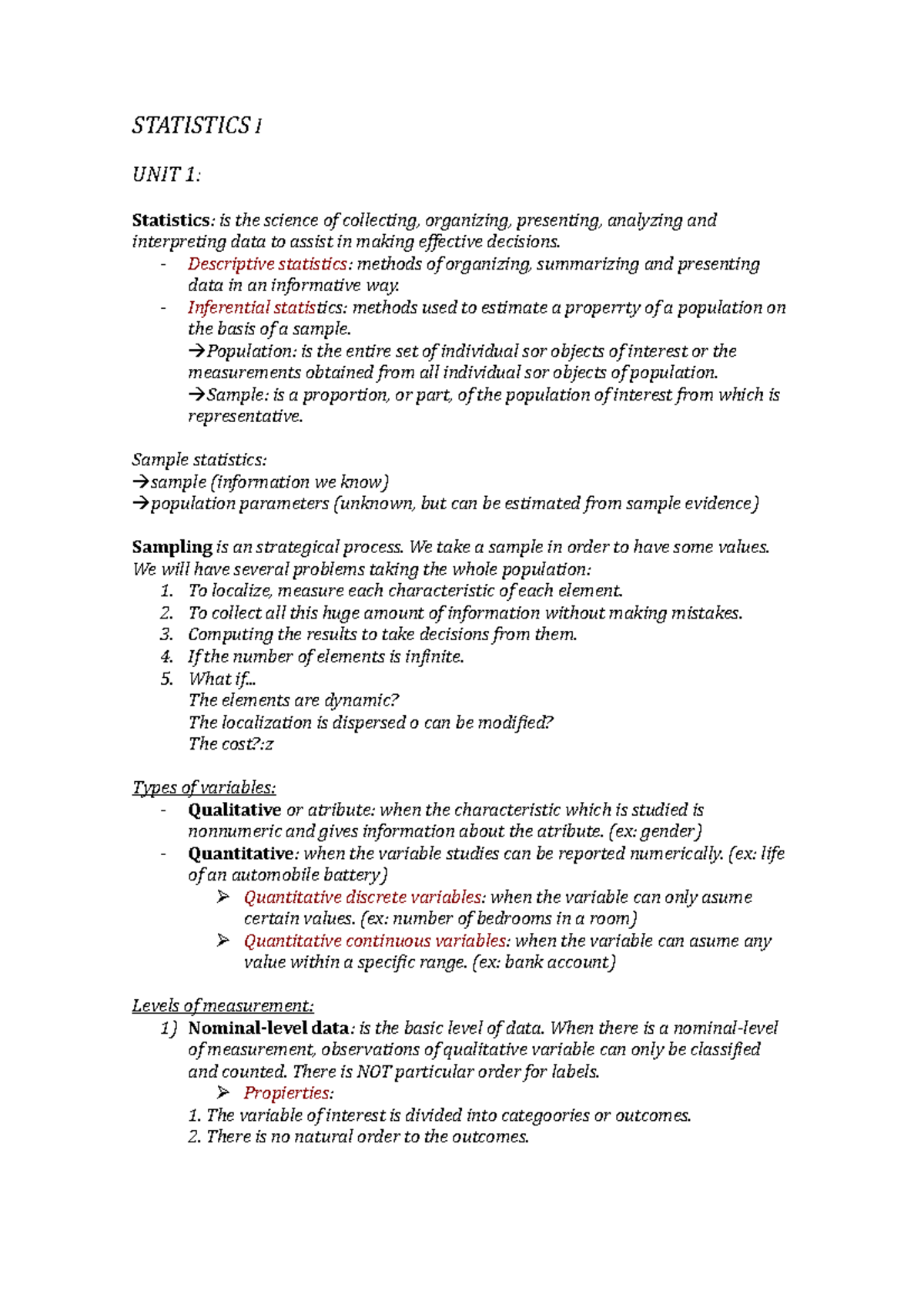 Statistics I - Apuntes 1-4 - STATISTICS I UNIT 1: Statistics: is the ...