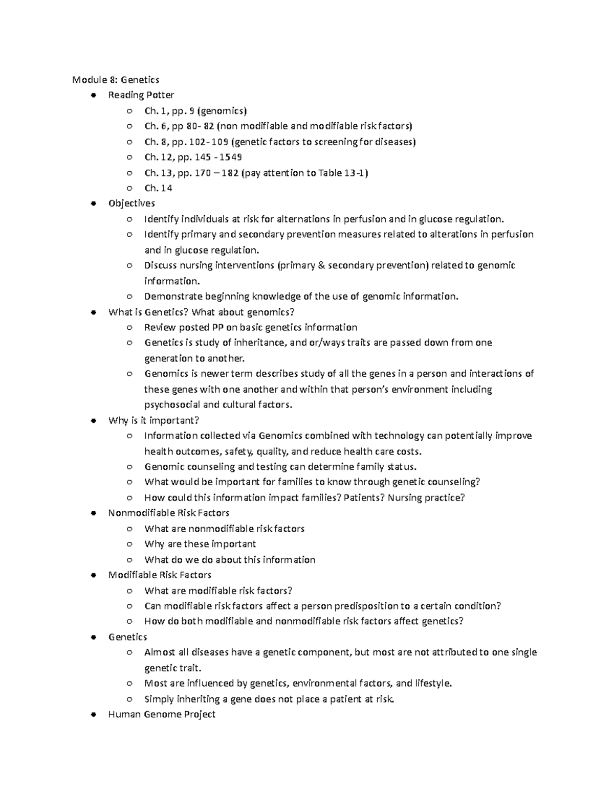 Exam 3 Study Guide Mod 8-10 - Module 8: Genetics Reading Potter Ch. 1 ...