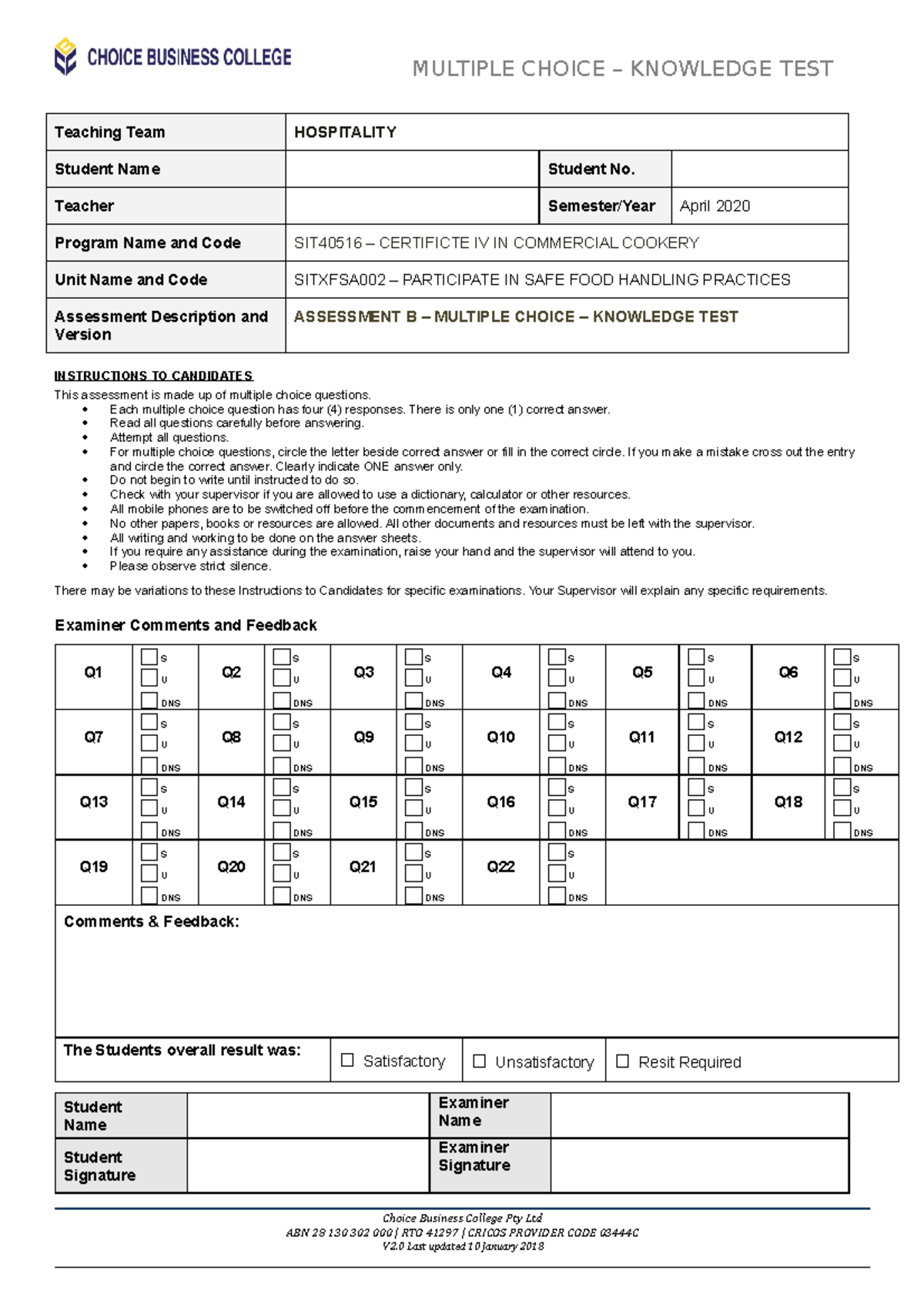 Assessment B - Knowledge Test - MULTIPLE CHOICE – KNOWLEDGE TEST ...