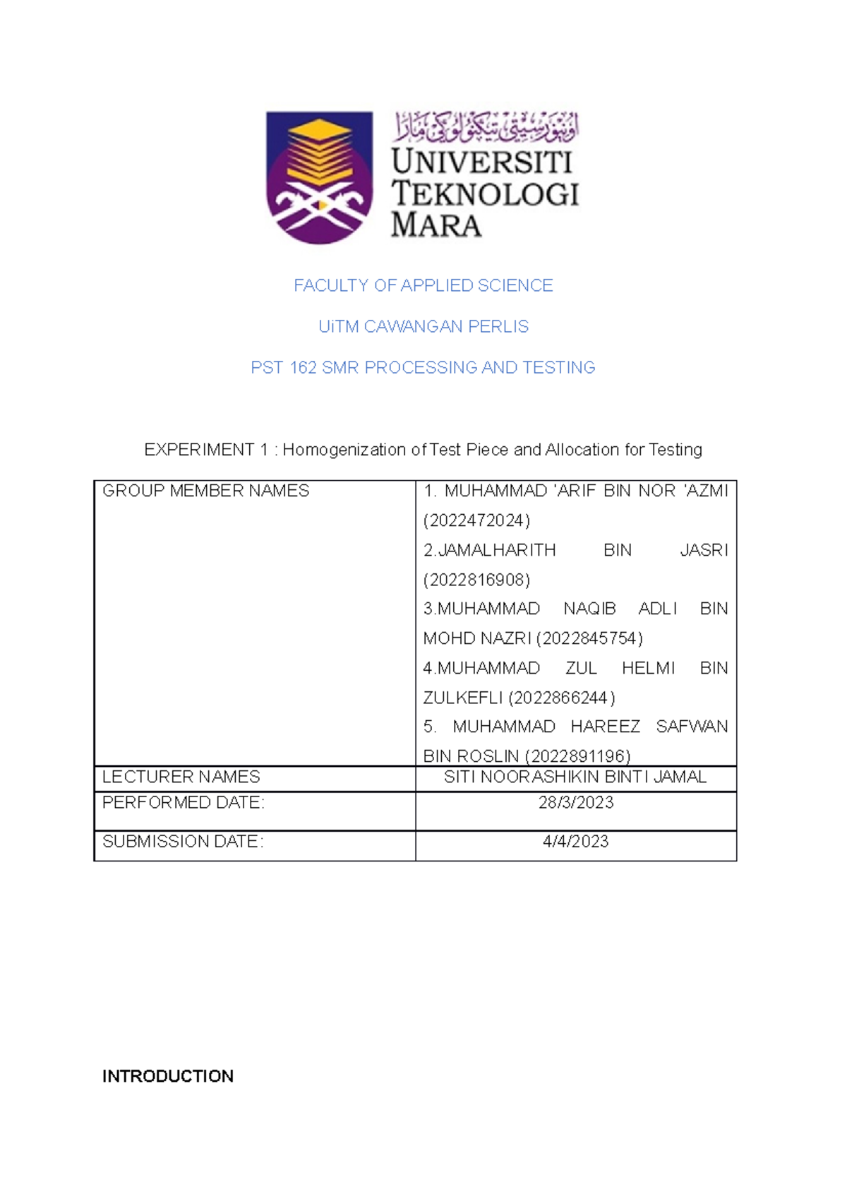 LAB Report PST 162 EXP 1 Latest - FACULTY OF APPLIED SCIENCE UiTM ...