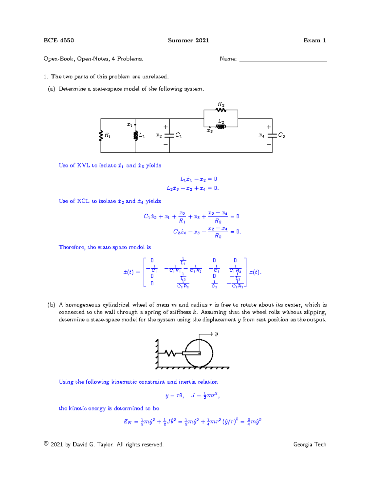 Exam1 Summer 21 solution - ECE 4550 Summer 2021 Exam 1 Open-Book, Open ...