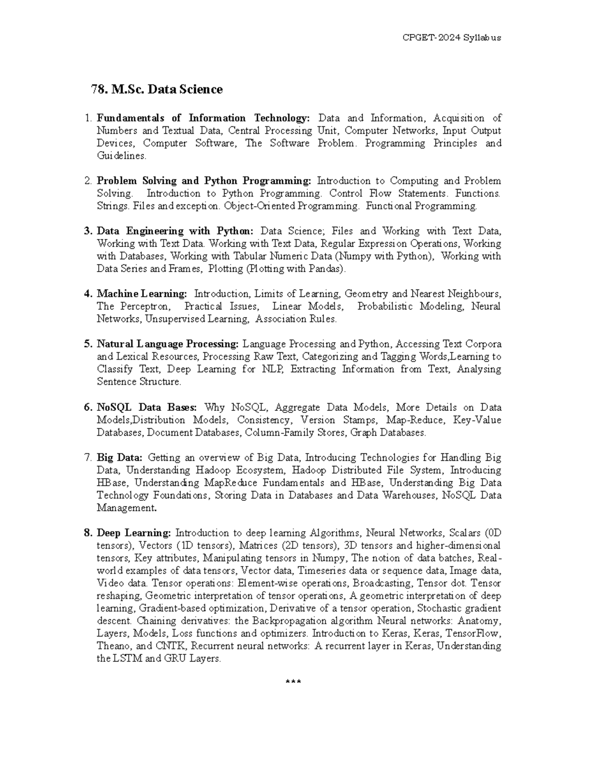 78. M.Sc. Data Science Cpget - CPGET-2024 Syllabus 78. M. Data Science 1. Fundamentals of - Studocu