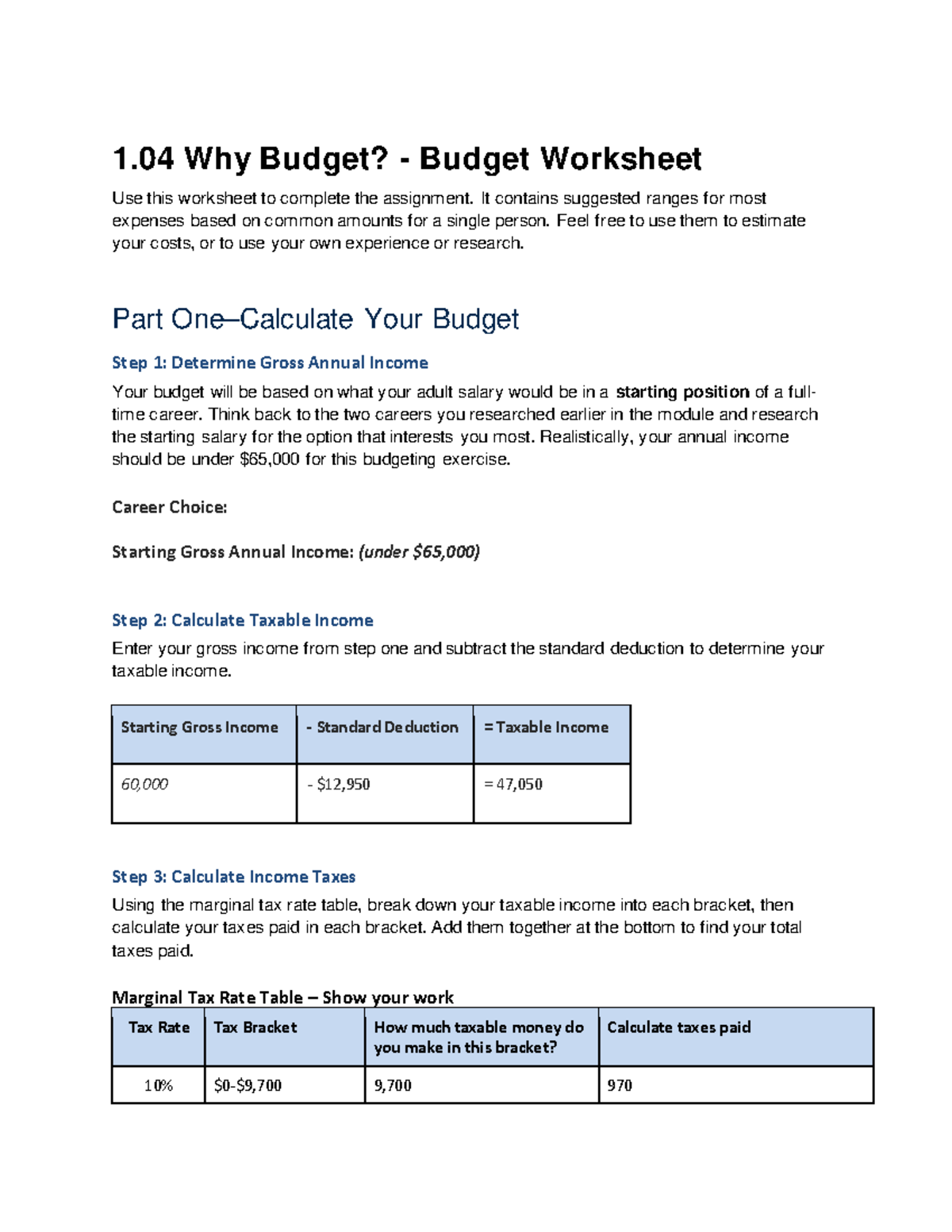Budget worksheet - assignment - 1 Why Budget? - Budget Worksheet Use ...