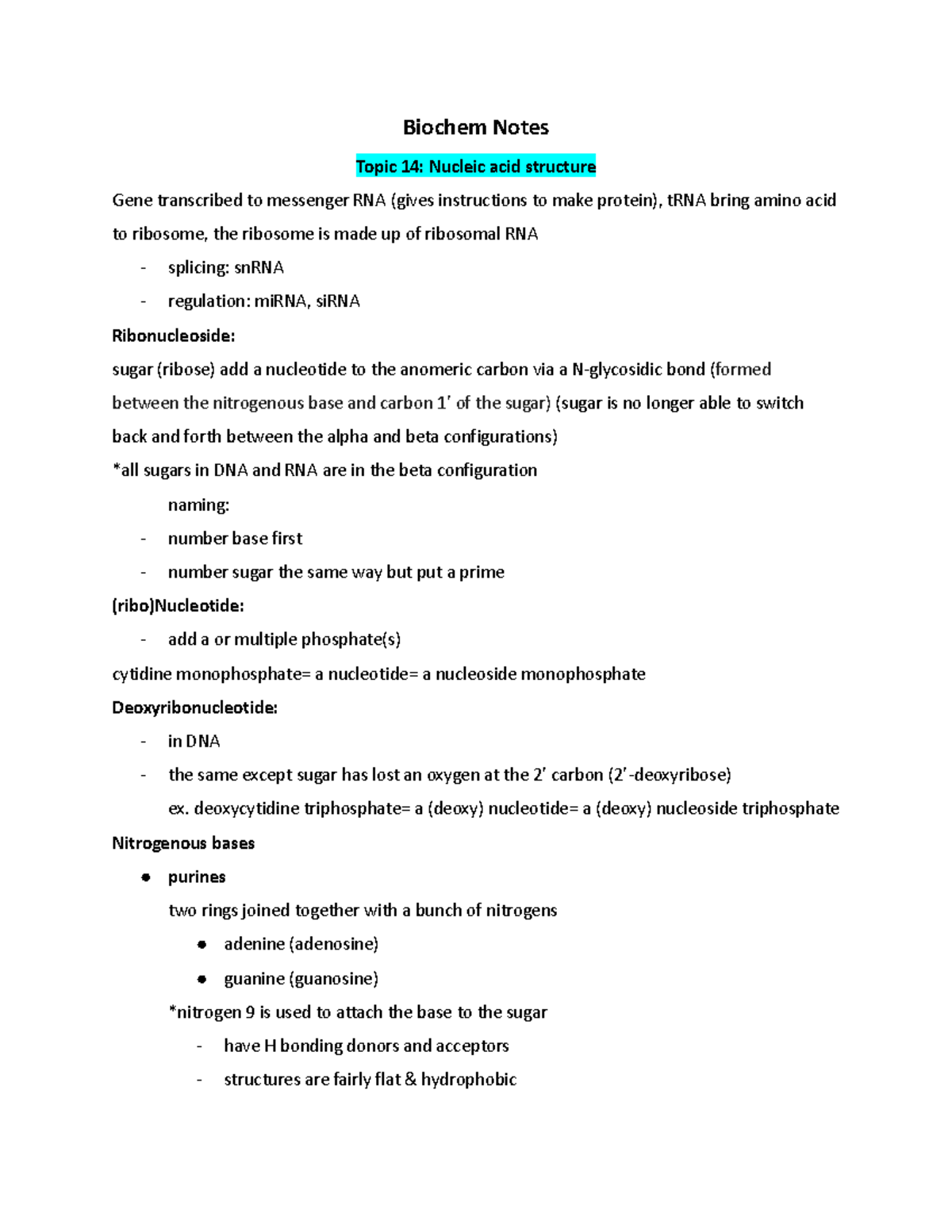 Biochem notes (topics 14-23) - Biochem Notes Topic 14: Nucleic acid ...