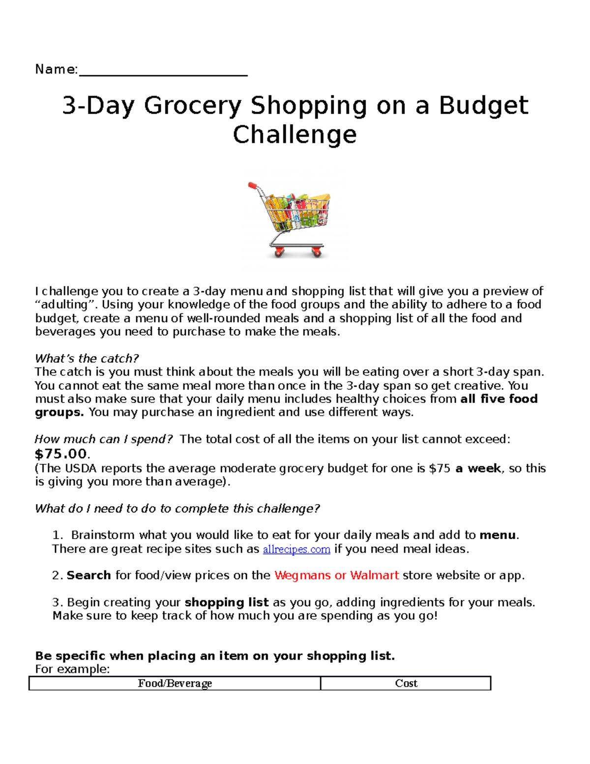 3+day+Grocery Shoppingand Meal Planningona Budget Project-1 - Name