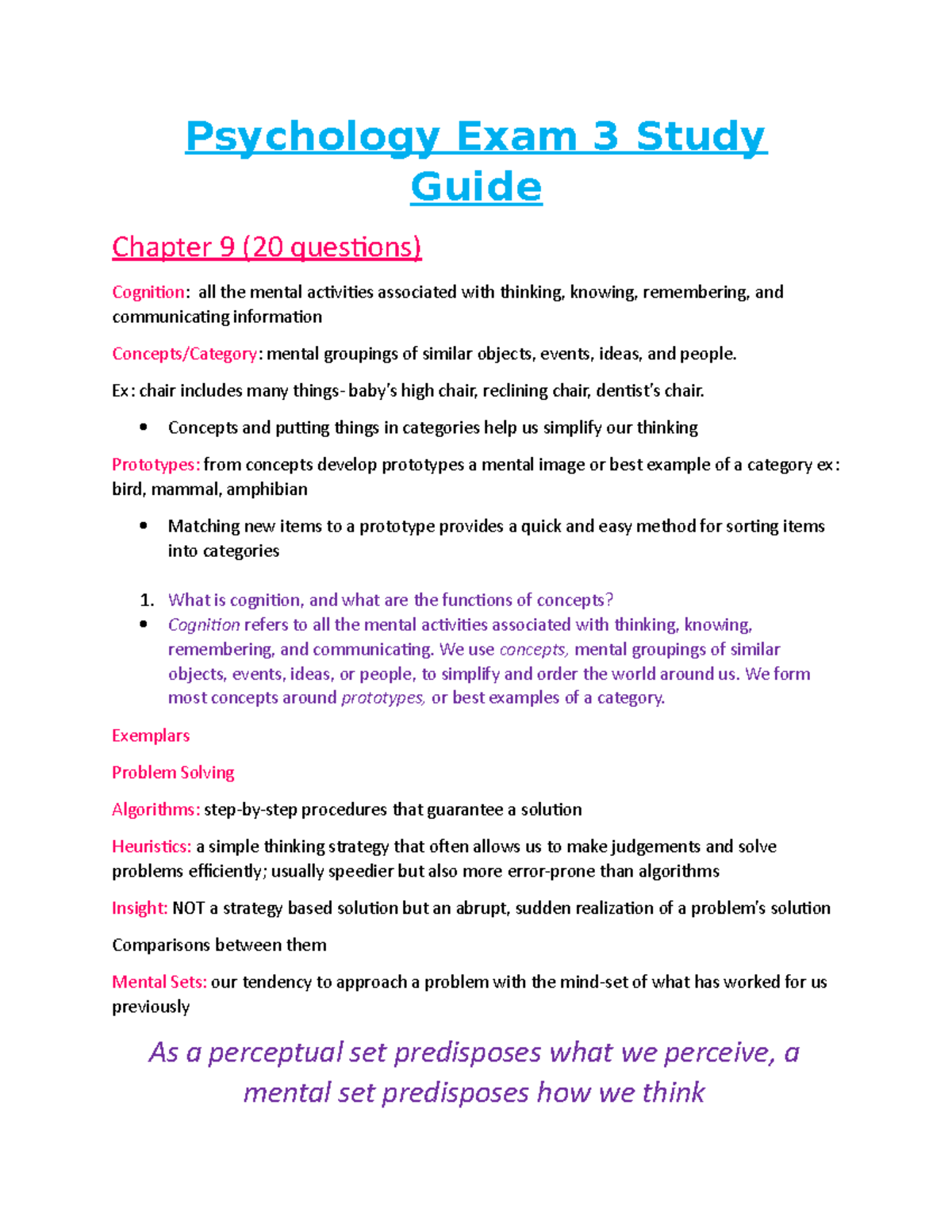 Exam 3 Study Guide - Psychology Exam 3 Study Guide Chapter 9 (20 ...