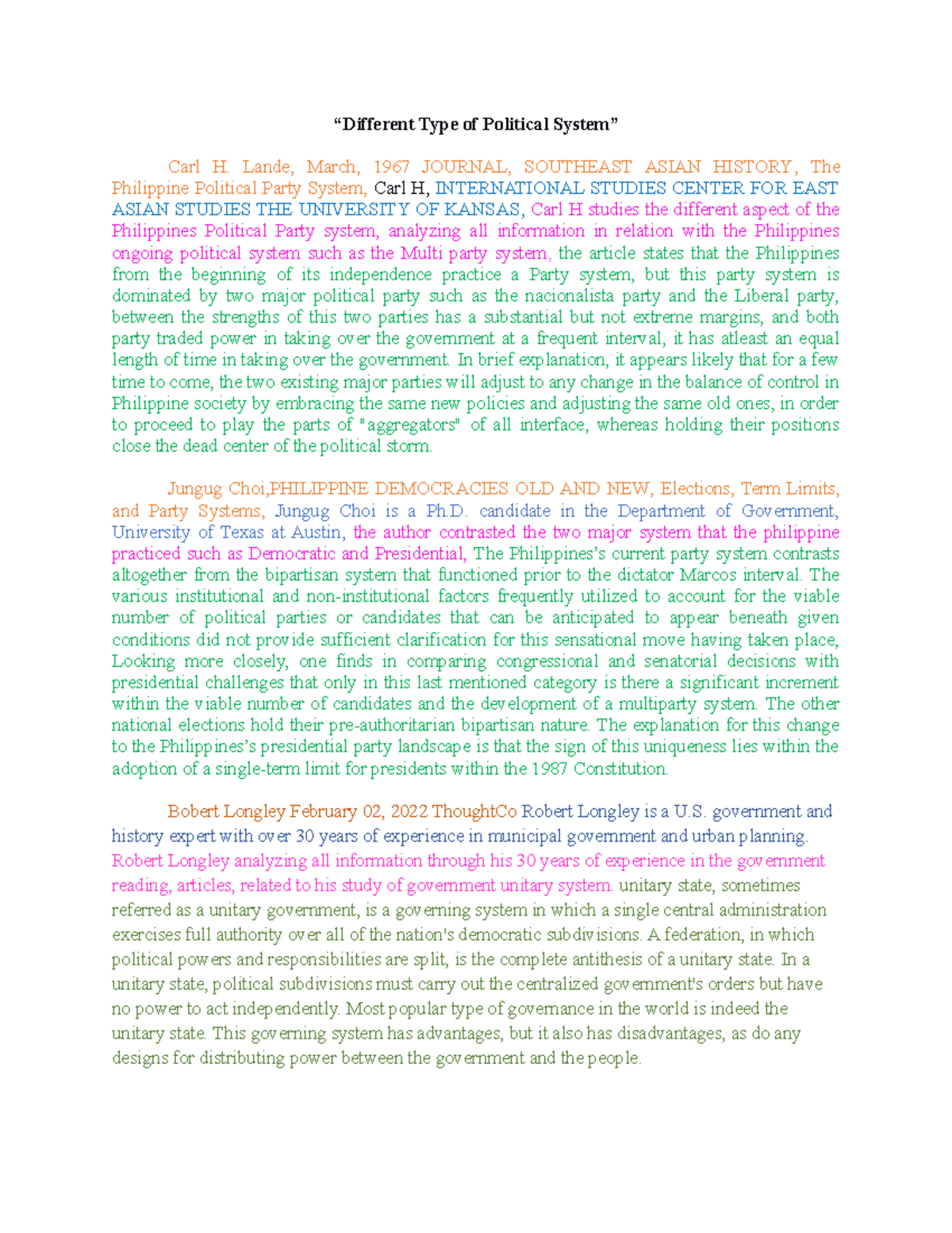 Annotated Bibliography - “Different Type of Political System” Carl H ...