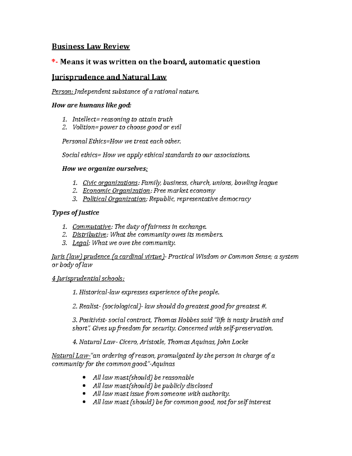 Guide 1 - Lecture notes 1-4 - Business Law Review *- Means it was ...