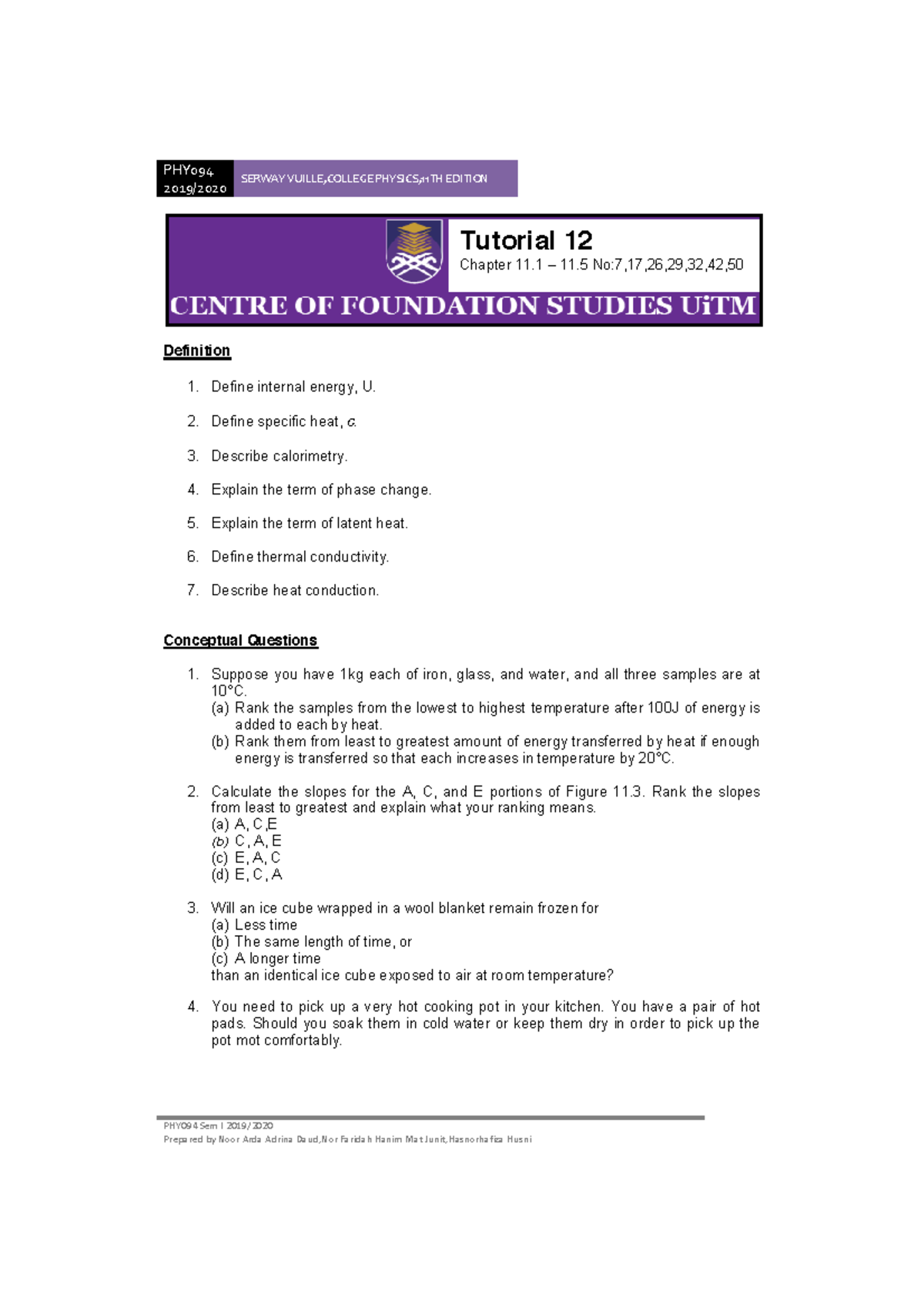 PHY094 Tutorial 12 Student - PHY 2019/ SERWAY VUILLE,COLLEGE PHYSICS ...
