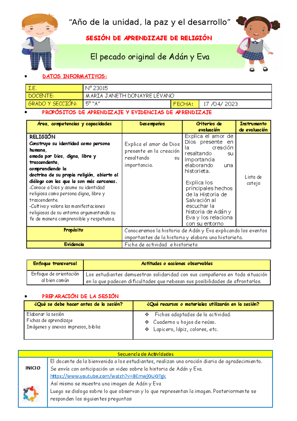 REL. 5° Sesion 17 Abril ADAN Y EVA - SESIÓN DE APRENDIZAJE DE RELIGIÓN ####### DATOS ...