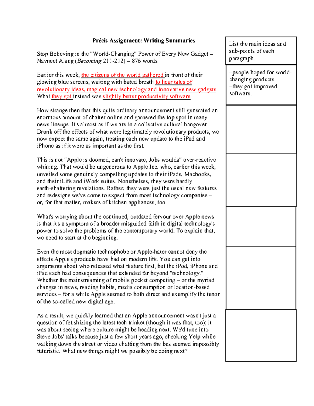 Precis Template Alang - Précis Assignment: Writing Summaries List the ...