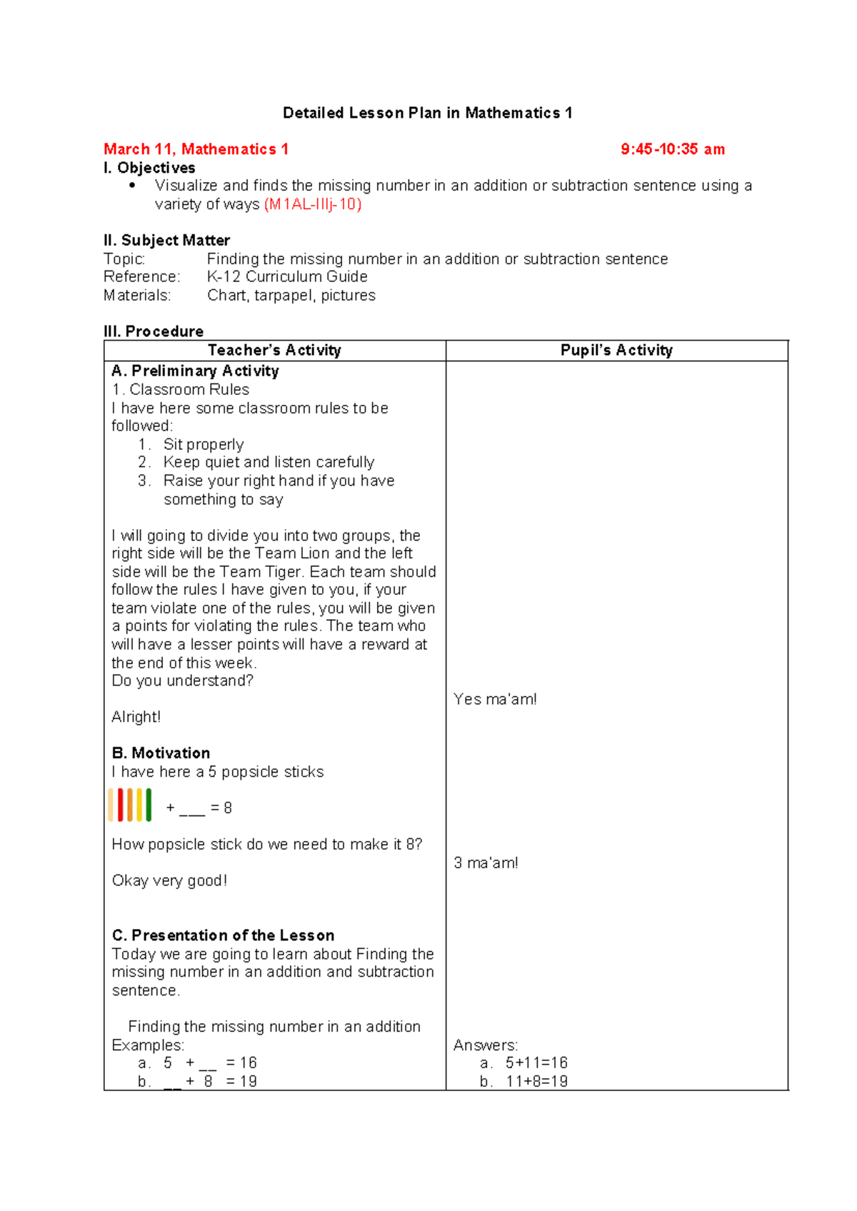 DLP Mathematics Monday - Detailed Lesson Plan in Mathematics 1 March 11 ...