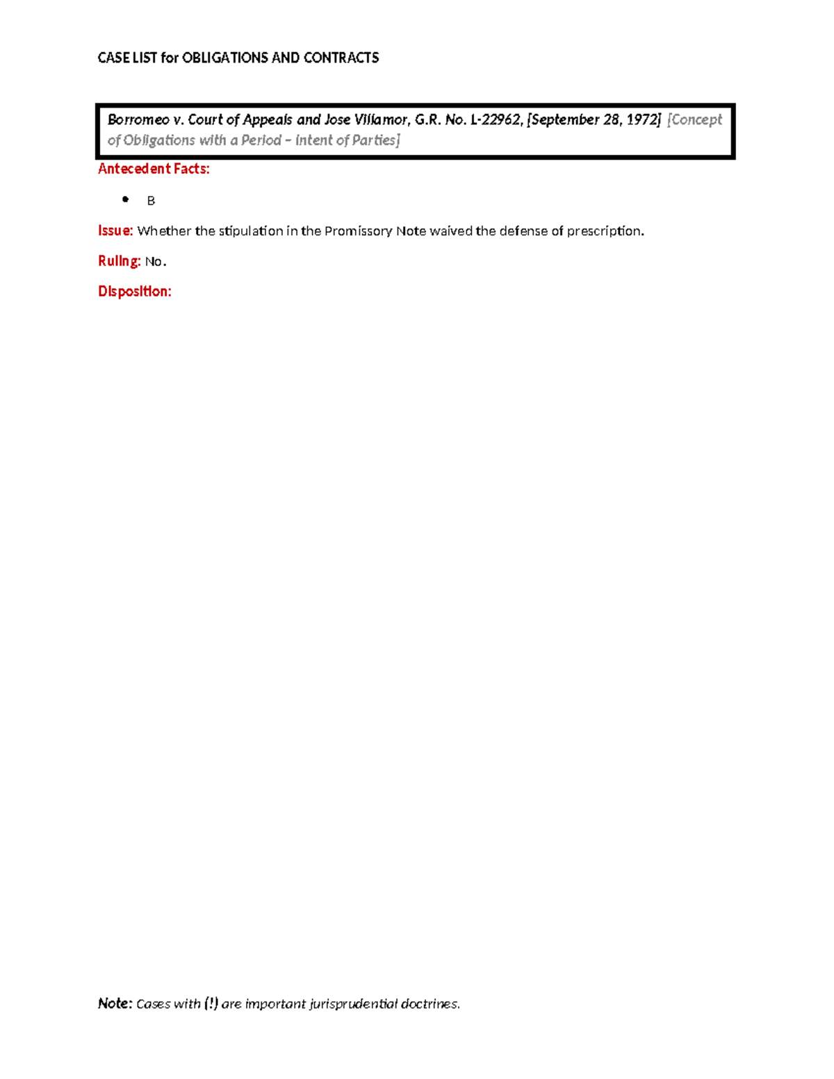 C2. Case List for Obligations and Contracts - Breach and Fortuitous ...