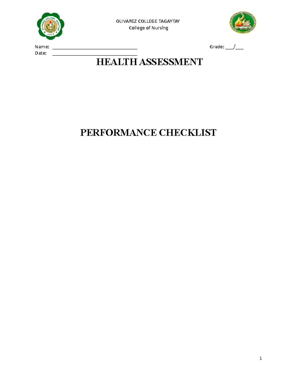 Health Assessment Checklist FROM UDAN up - College of Nursing Name