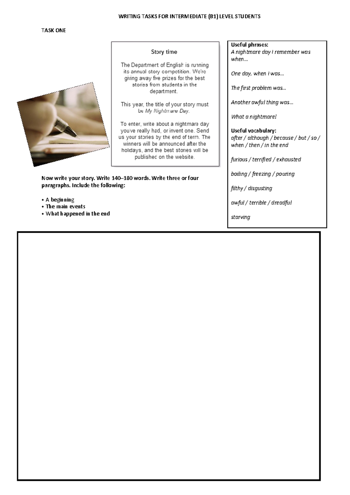 Writing- Tasks - WRITING TASKS FOR INTERMEDIATE (B1) LEVEL STUDENTS ...